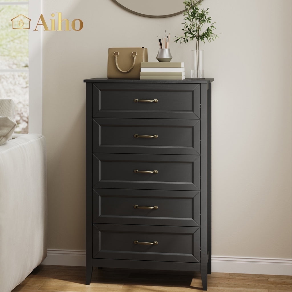 Aiho Farmhouse Dresser for Bedroom, Tall Wood Dresser with 5 Drawer ...