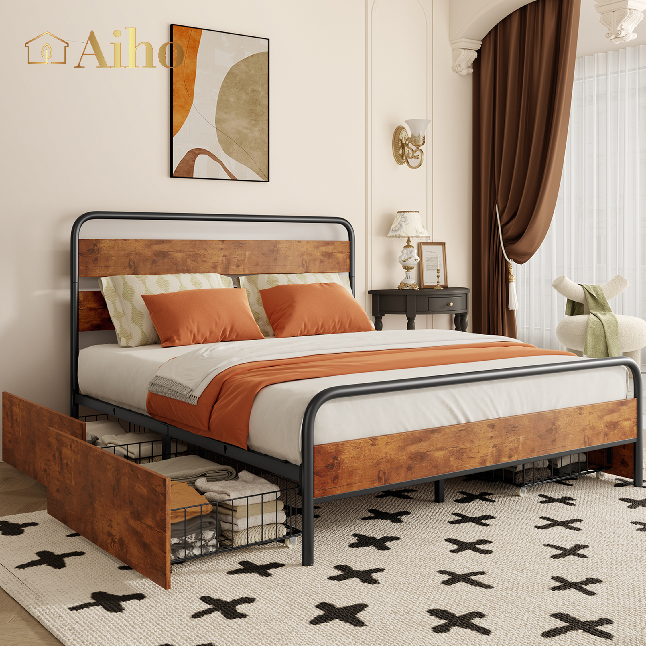 Aiho Heavy Duty Queen Size Platform Bed Frame with 4 Storage Drawers ...