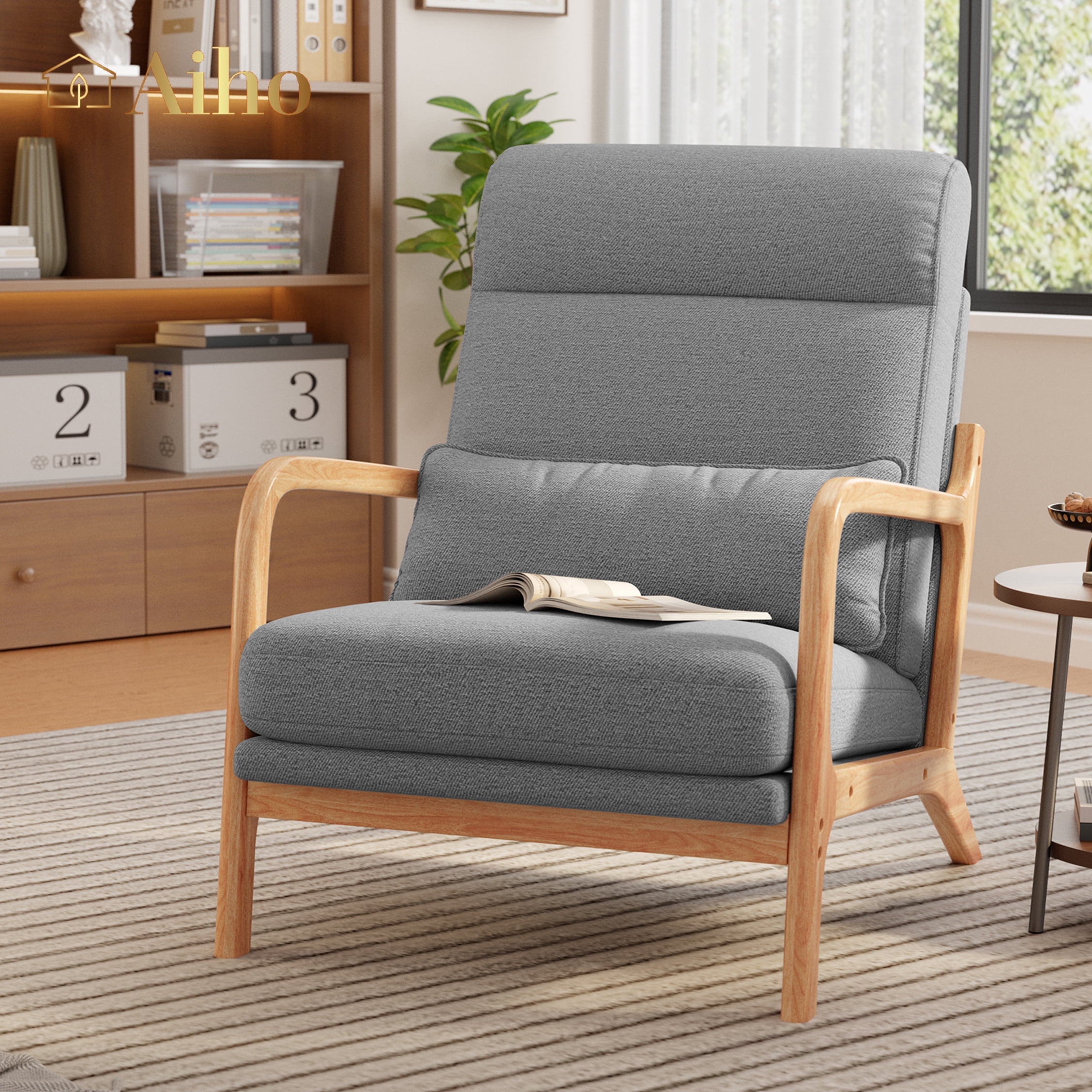Aiho Modern High-Back Upholstered Accent Chair with Solid Wood Arms ...