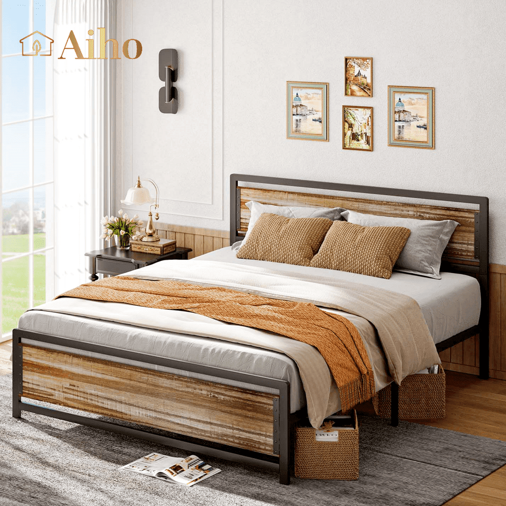 Aiho Queen Size Metal Platform Bed Frame with Square Frame Wooden ...