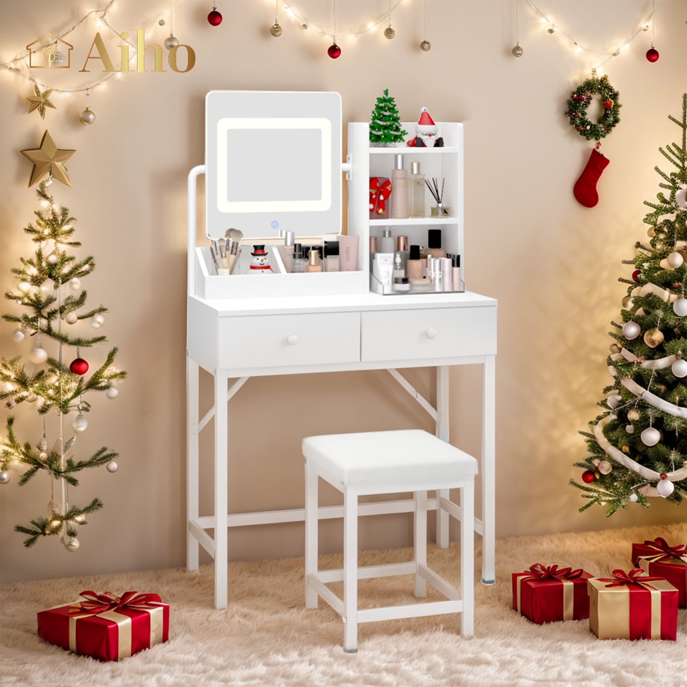 Aiho Modern 1 Piece Vanity Table Set with Lighted Mirror and 2 Drawers ...