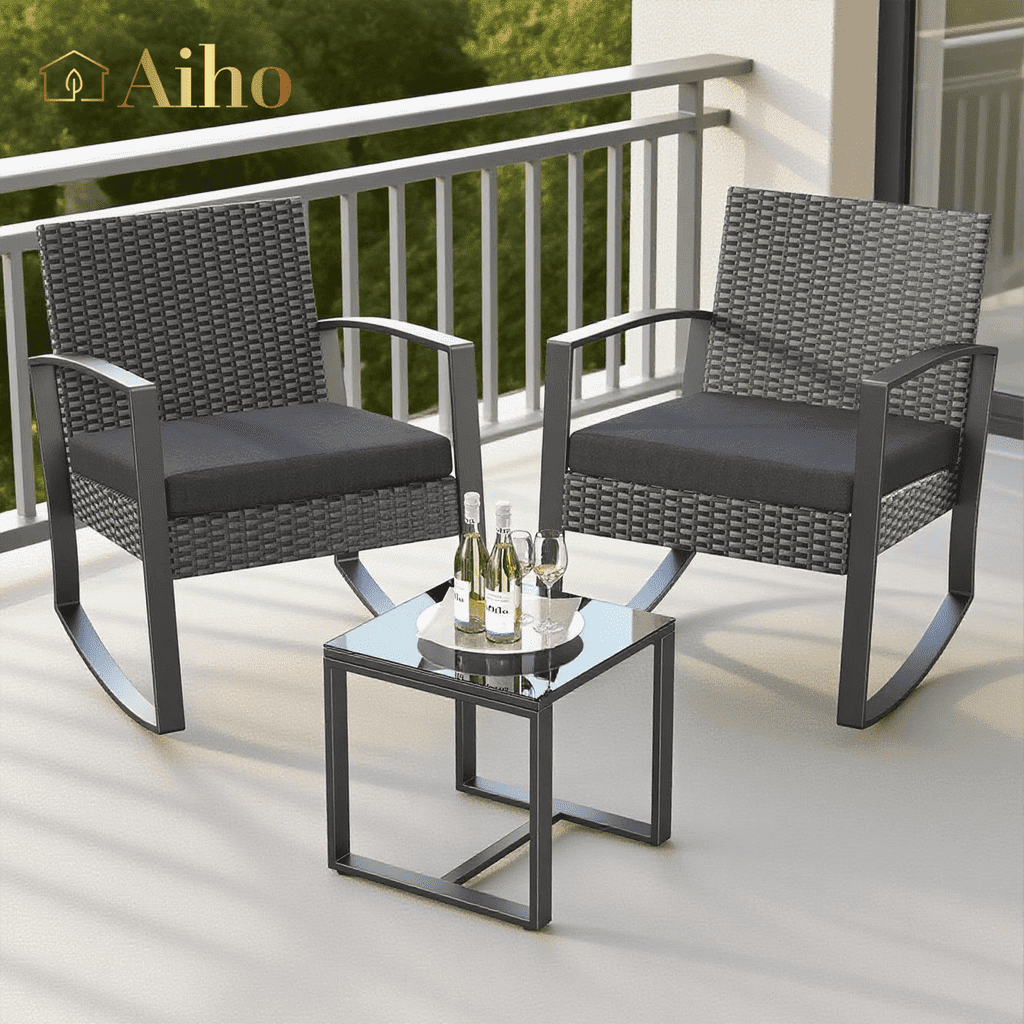 Aiho outdoor rocking chairs set of 3 with PE Wicker, All-Weather ...