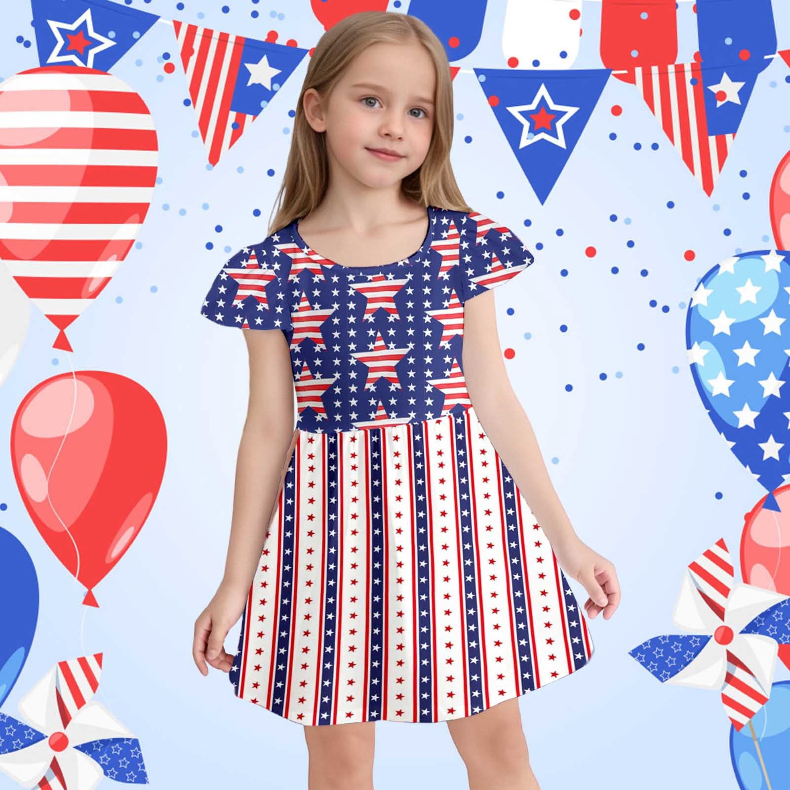 Aihuaihua 5t Dresses for Girls Flag Striped Flutter Sleeve Fashion ...