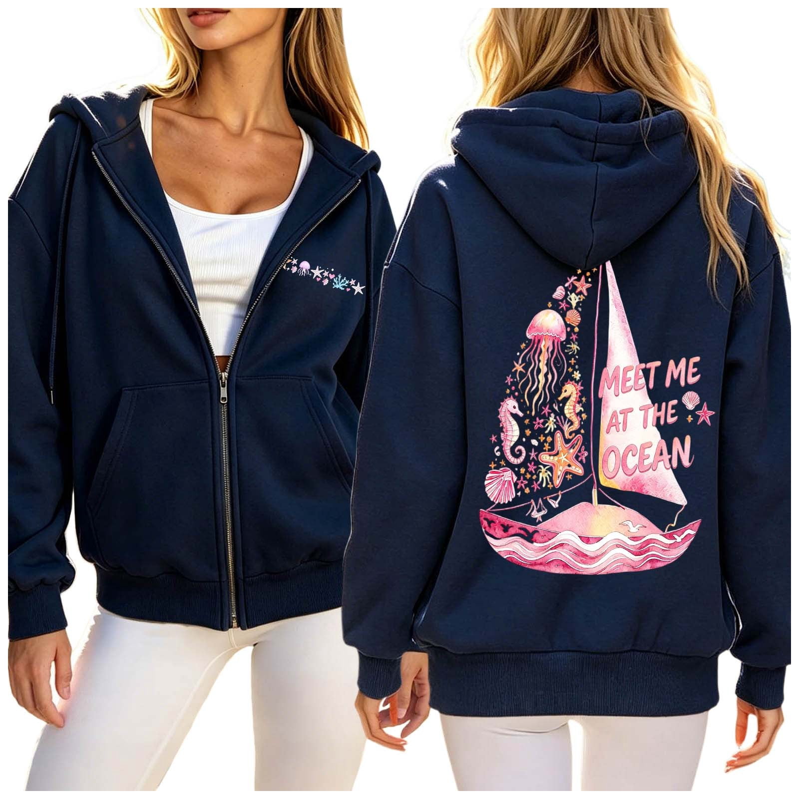 Aihuaihua Beach Hoodies for Women Cute Oversized Meet Me At The Ocean ...
