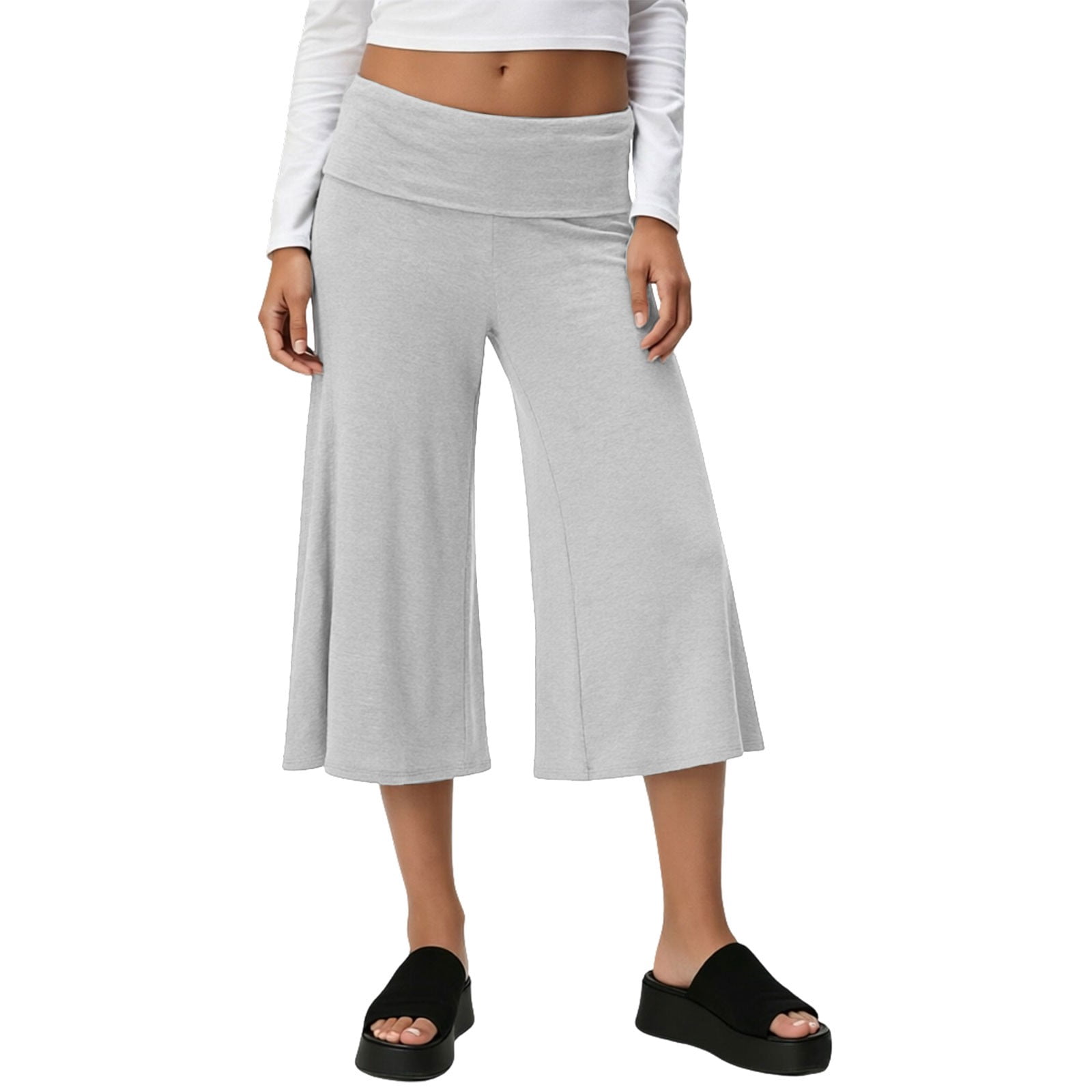 Aihuaihua Gaucho Pants for Women Fold Over Cropped Capri Pant Stretch ...