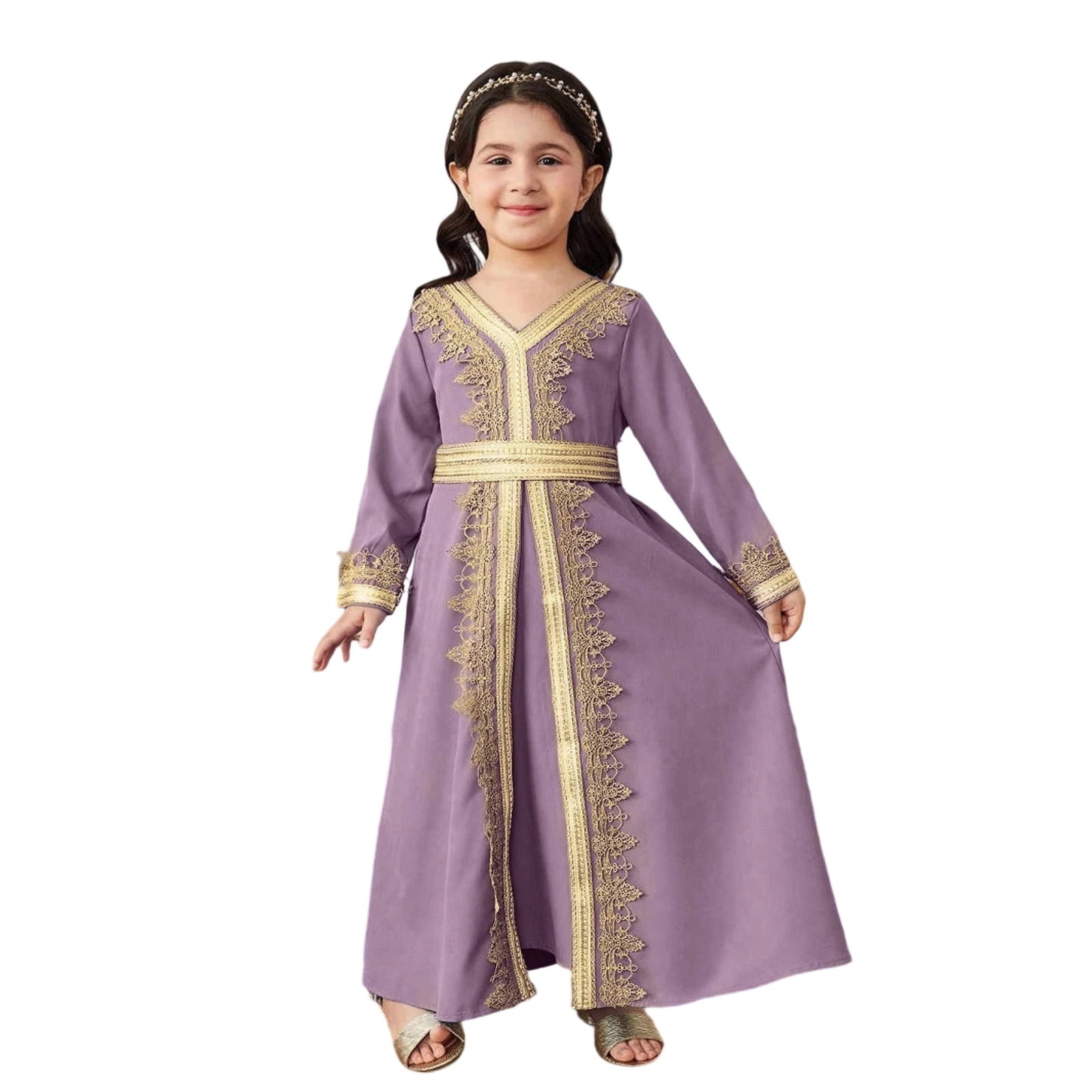 Aihuaihua Girls Abaya Dress Middle Arabic Kaftan V Neck Lace Prayer ...