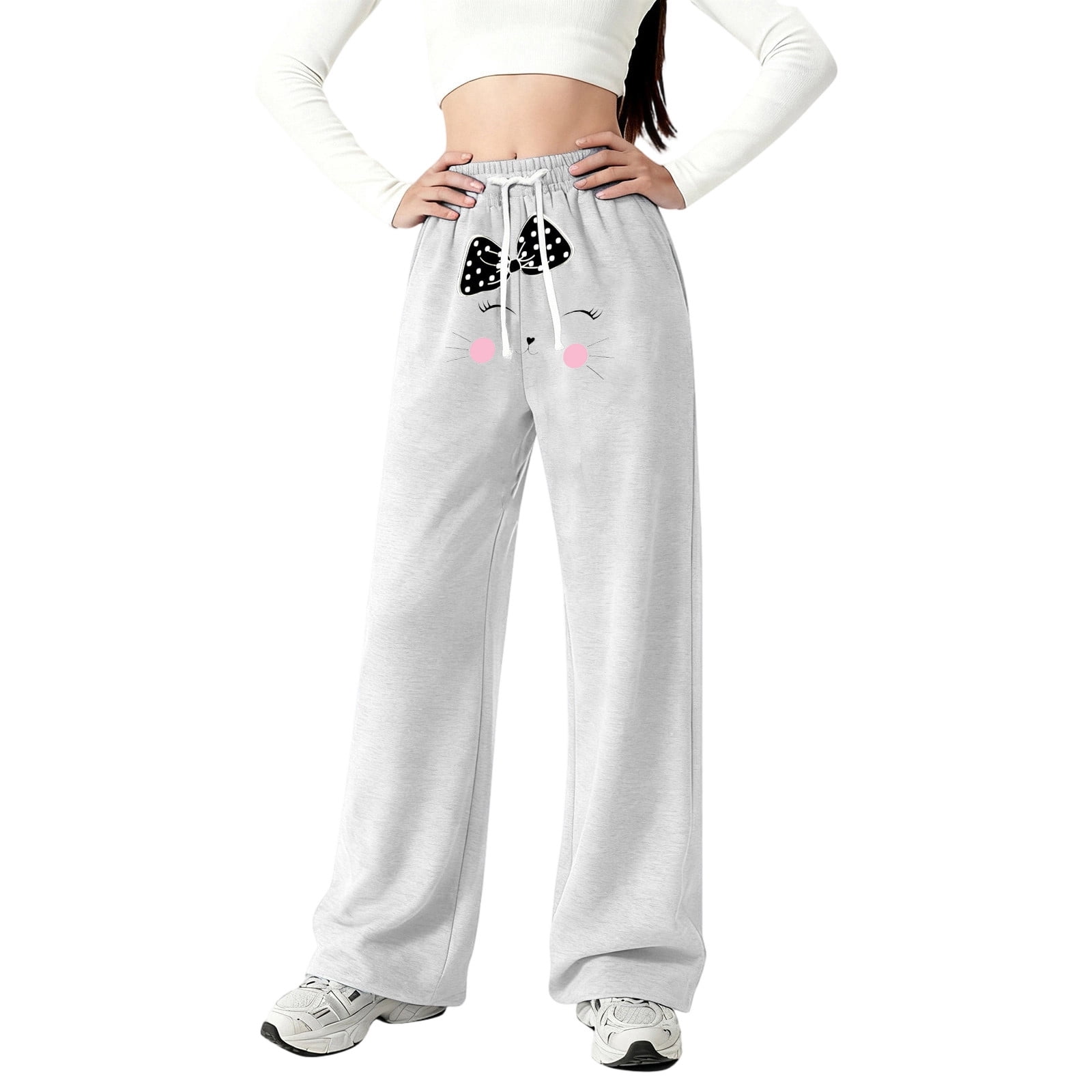 Aihuaihua Girls Baggy Sweatpants Cute Cat Face Print Wide Leg Sweat ...