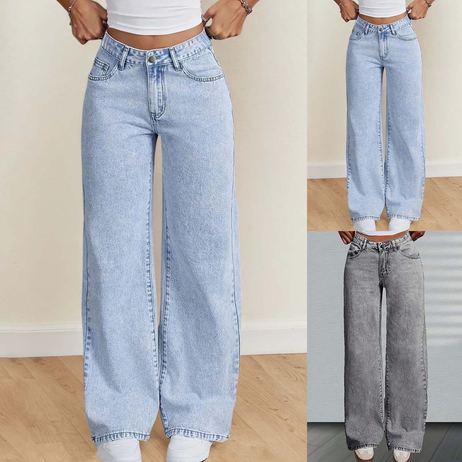 Aihuaihua Girls High Wasited Jeans Wide Leg Straight Y2K Solid Baggy ...