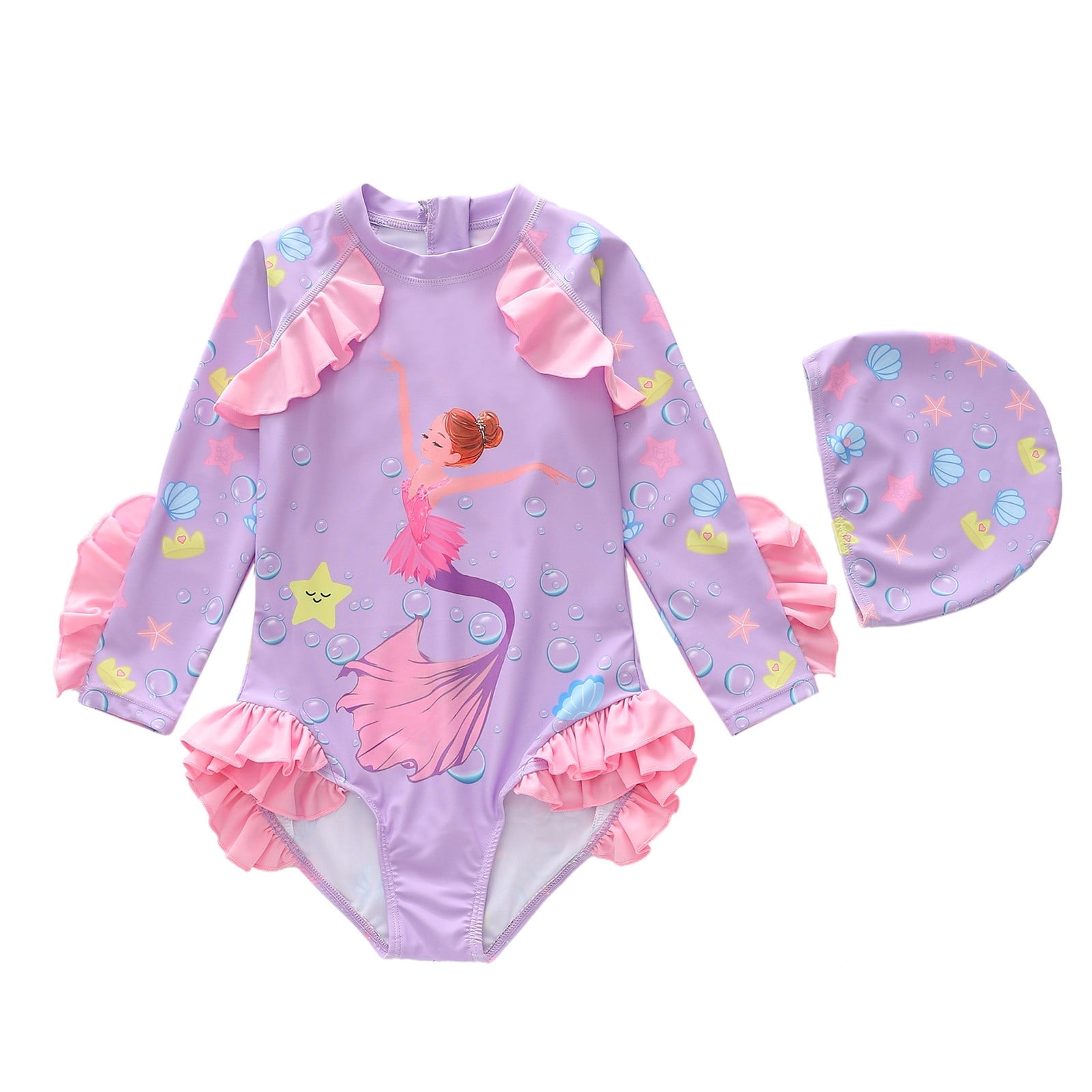 Aihuaihua Girls Long Sleeve Floral Trim Sun Romper Swimsuit Mermaid ...