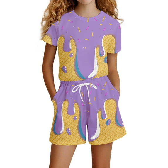 Aihuaihua Girls Outfits Print Short Sleeve T-Shirt & Shorts Set Crew ...