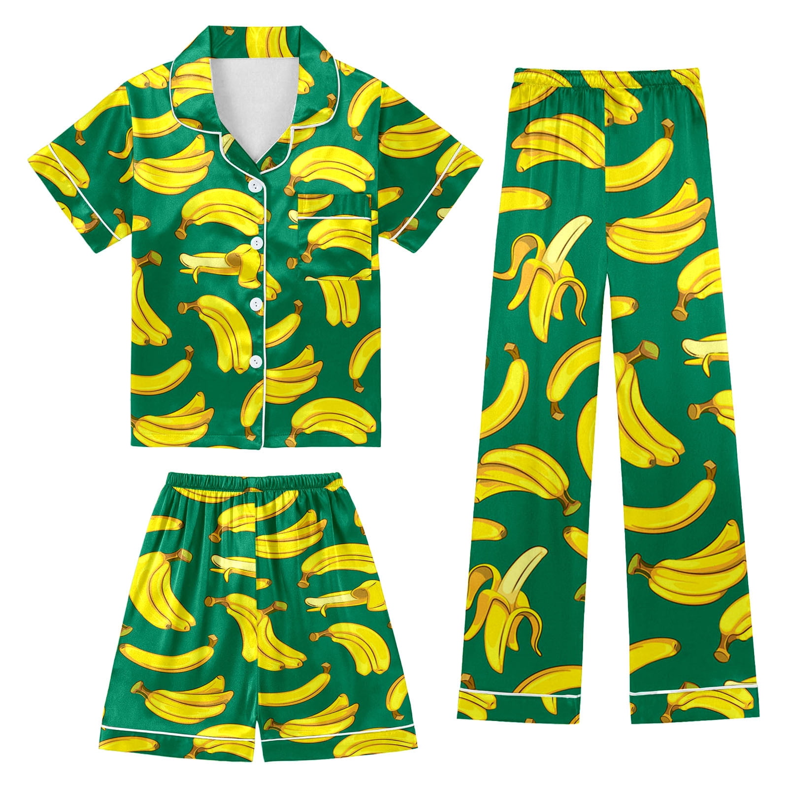 Aihuaihua Girls Pajama Sets 3pcs Button Down Short Sleeve Shirt Long Pants with Shorts Silk ...