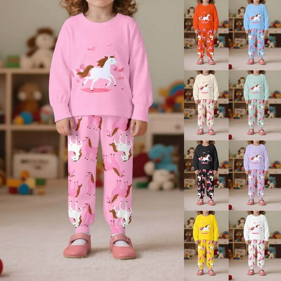 Aihuaihua Kids Girls P𝙖𝙟𝙖𝙢𝙖 Sets Long Sleeve Cartoon White Horse Prints ...