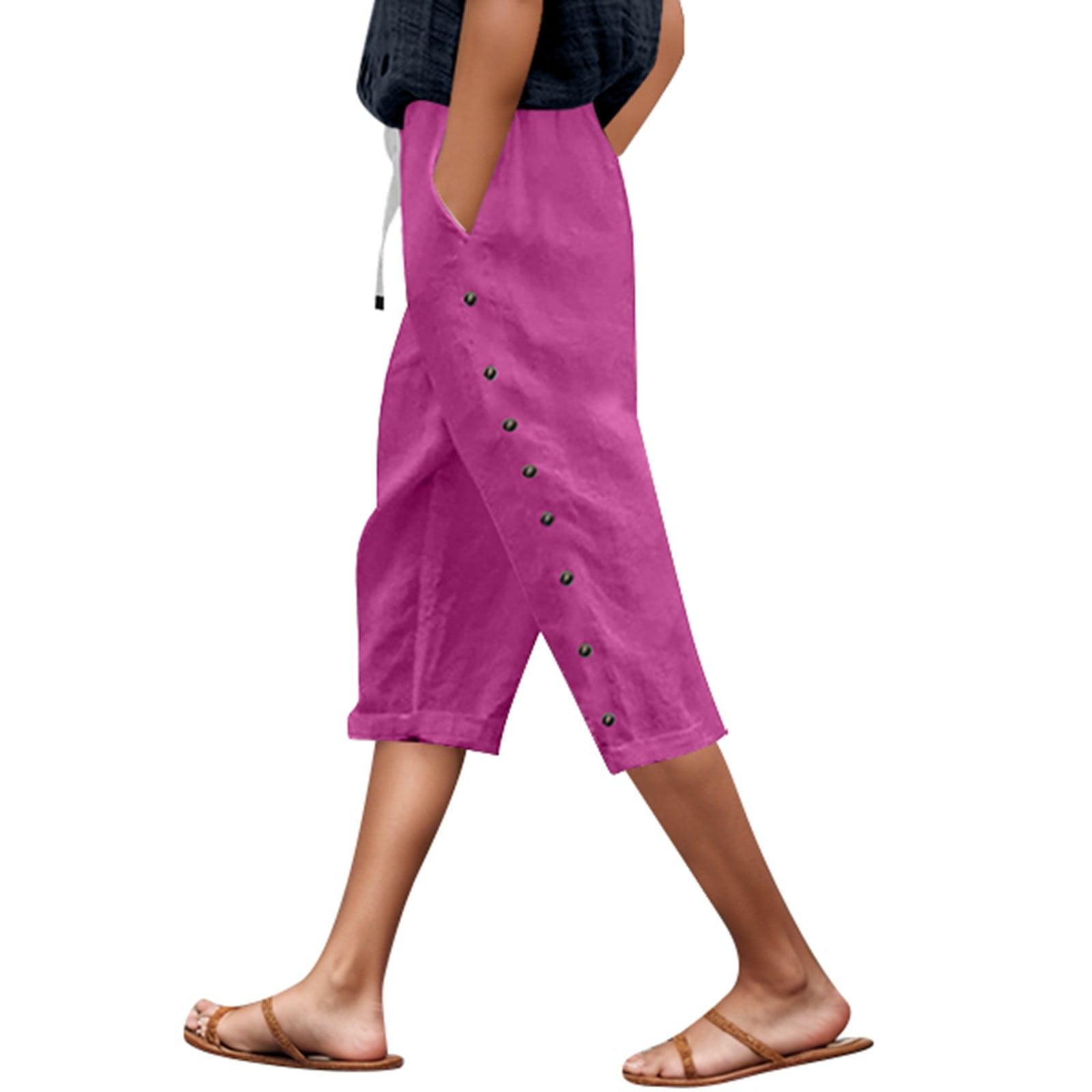 Aihuaihua Linen Capri Pants for Women Side Button Tear Away Pants Post ...