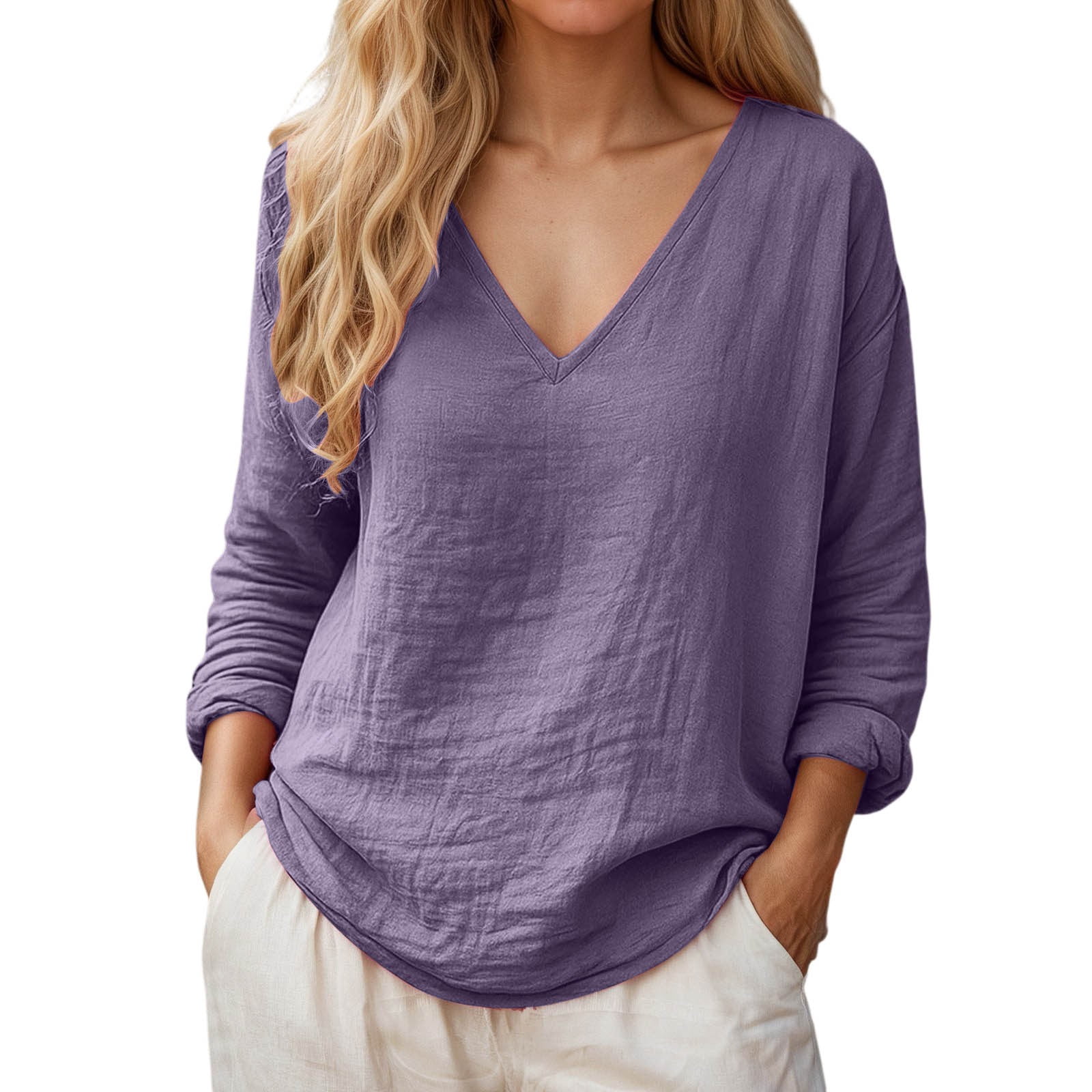Aihuaihua Linen Shirts for Women Boho Cotton Tops Long Sleeve V Neck ...