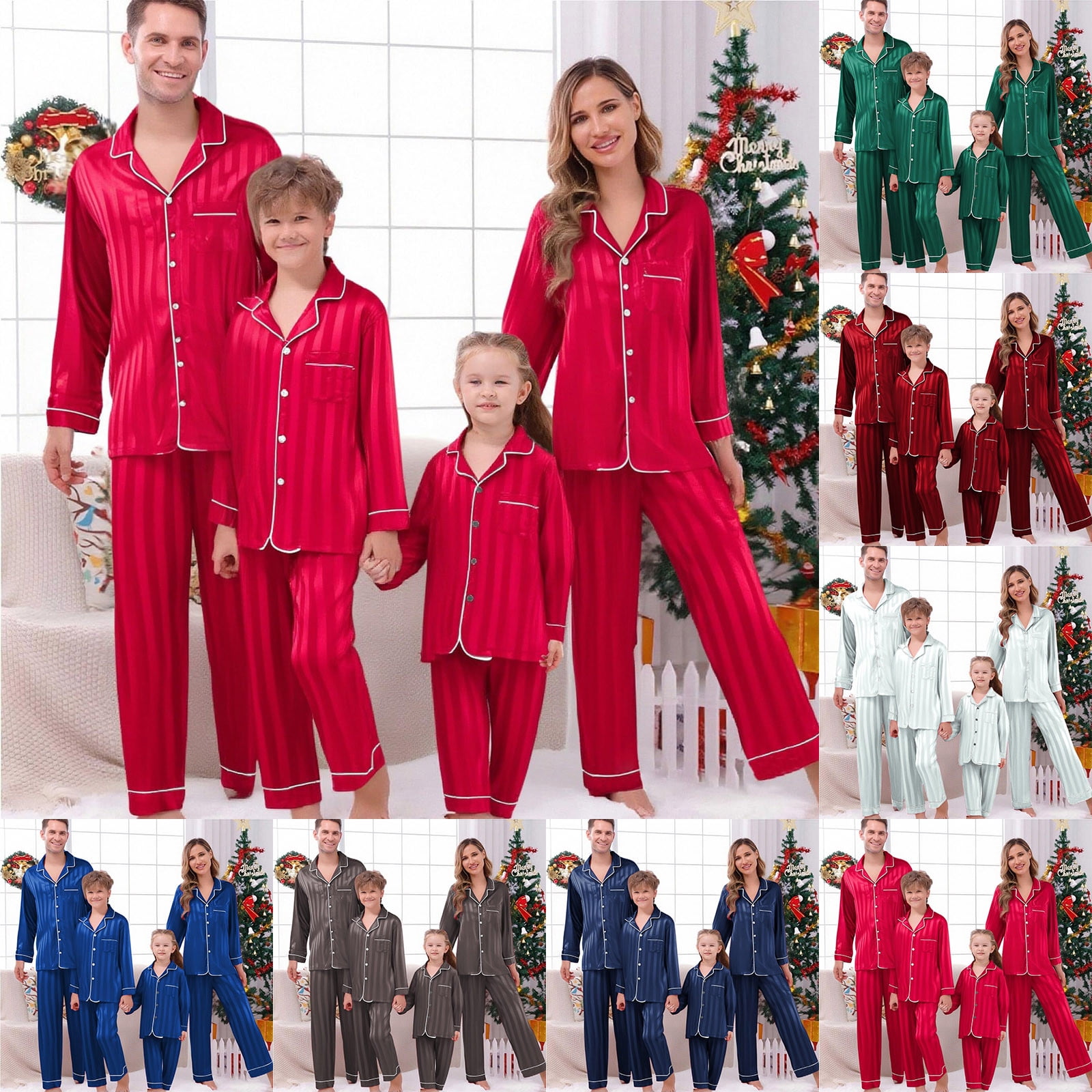 Aihuaihua Matching Family Christmas Pajamas Set, Silk Satin Long Sleeve ...