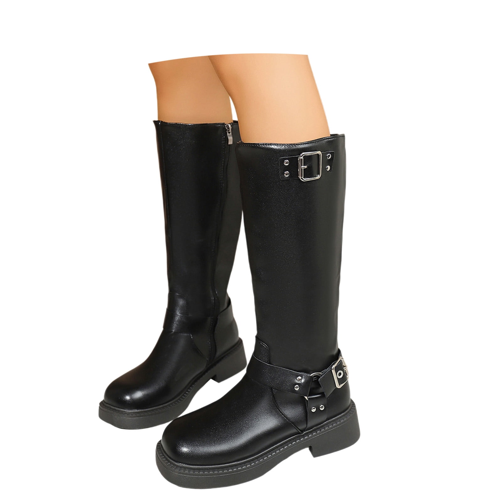 Aihuaihua Mid Calf Boots for Women Side Zipper Motorcycle Boots Low ...