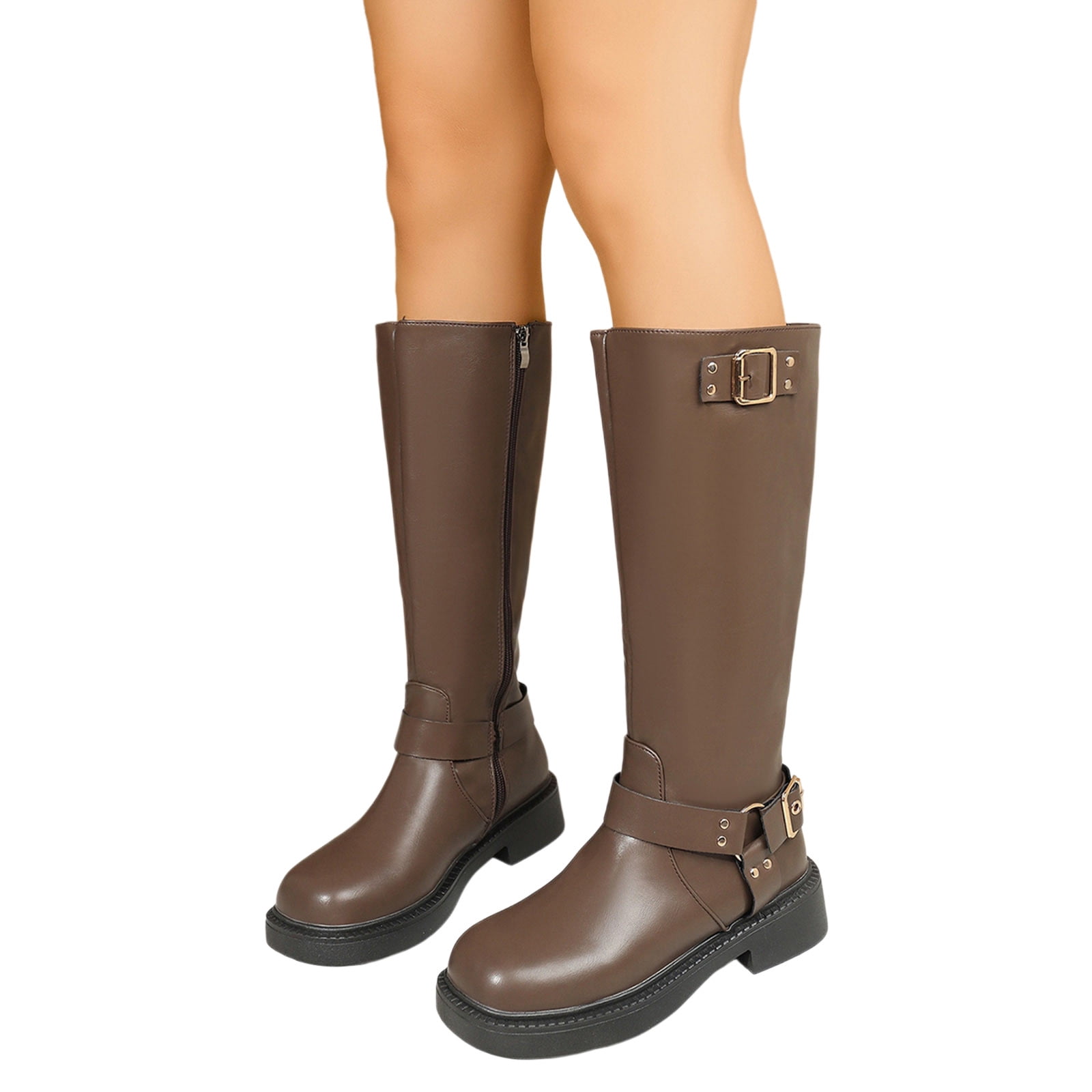 Aihuaihua Mid Calf Boots for Women Side Zipper Motorcycle Boots Low ...