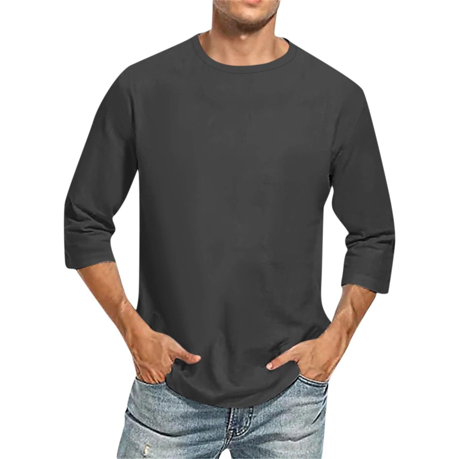 Aihuaihua Plain White Tshirt Men Round Neck 3/4 Sleeve Pullover Solid ...