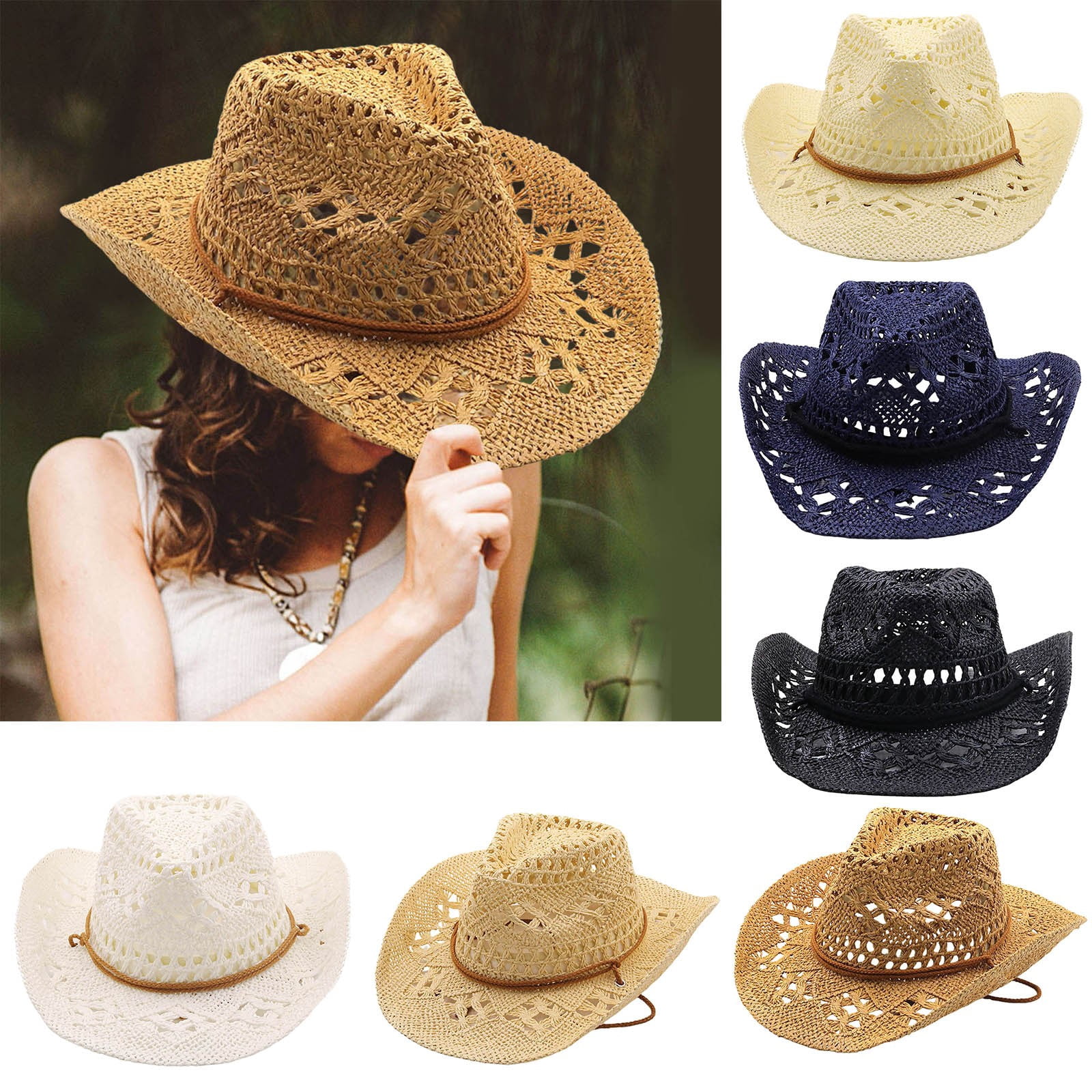 Aihuaihua Western Straw Cowboy Hats for Women Men Hollow Cowgirl Hat ...