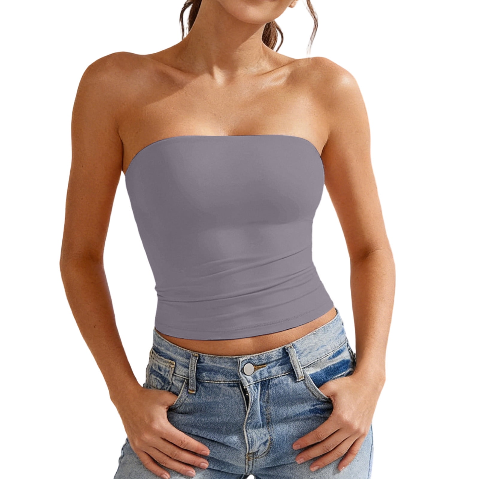 Aihuaihua Women Tube Tops Y2K Aesthetic Strapless Bandeau Sleeveless ...