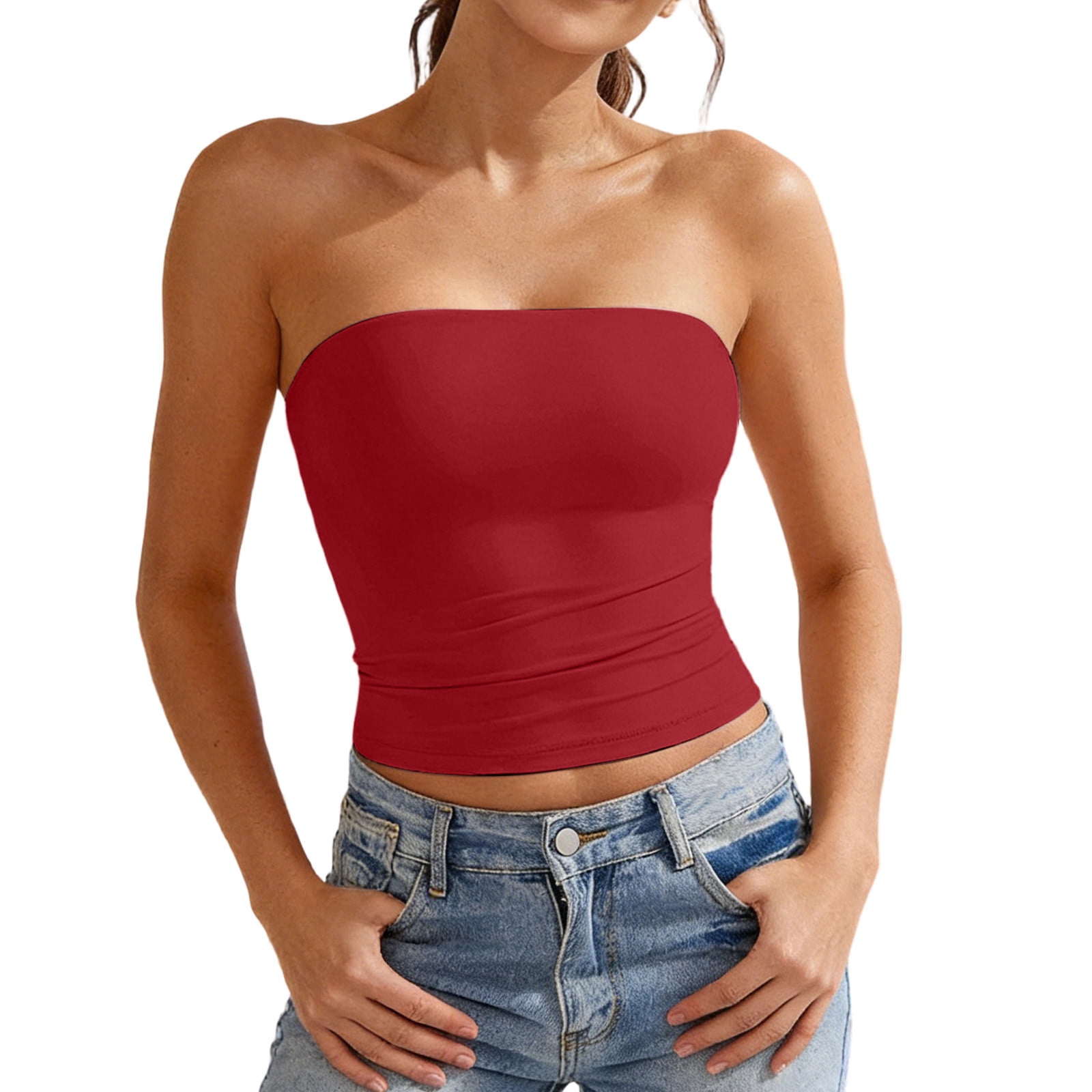 Aihuaihua Women Tube Tops Y2K Aesthetic Strapless Bandeau Sleeveless ...