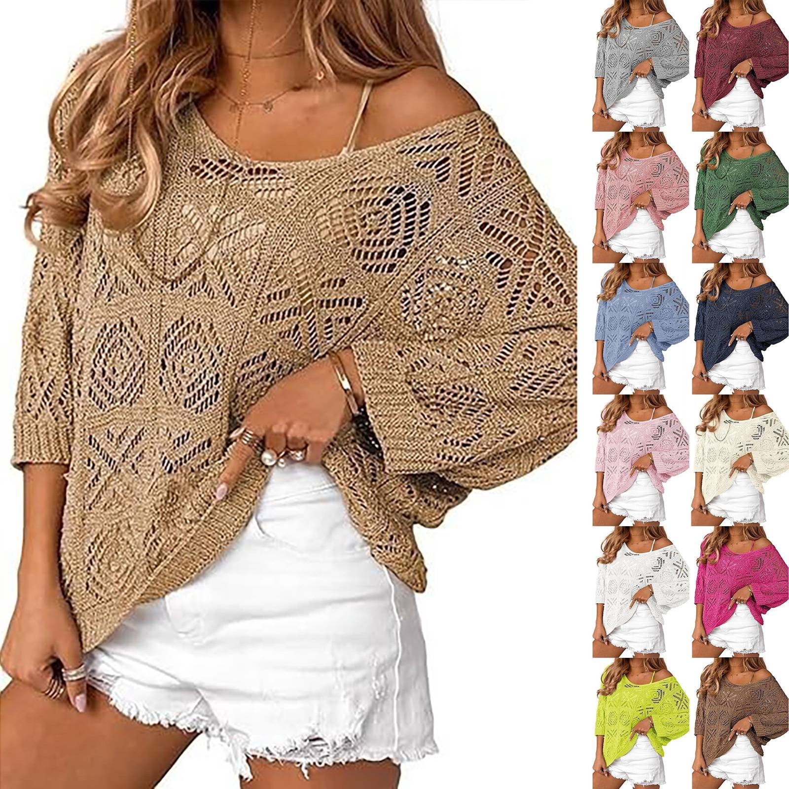 Aihuaihua Women S Crochet Cover Up Tops Summer 3 4 Sleeve Hollow Out