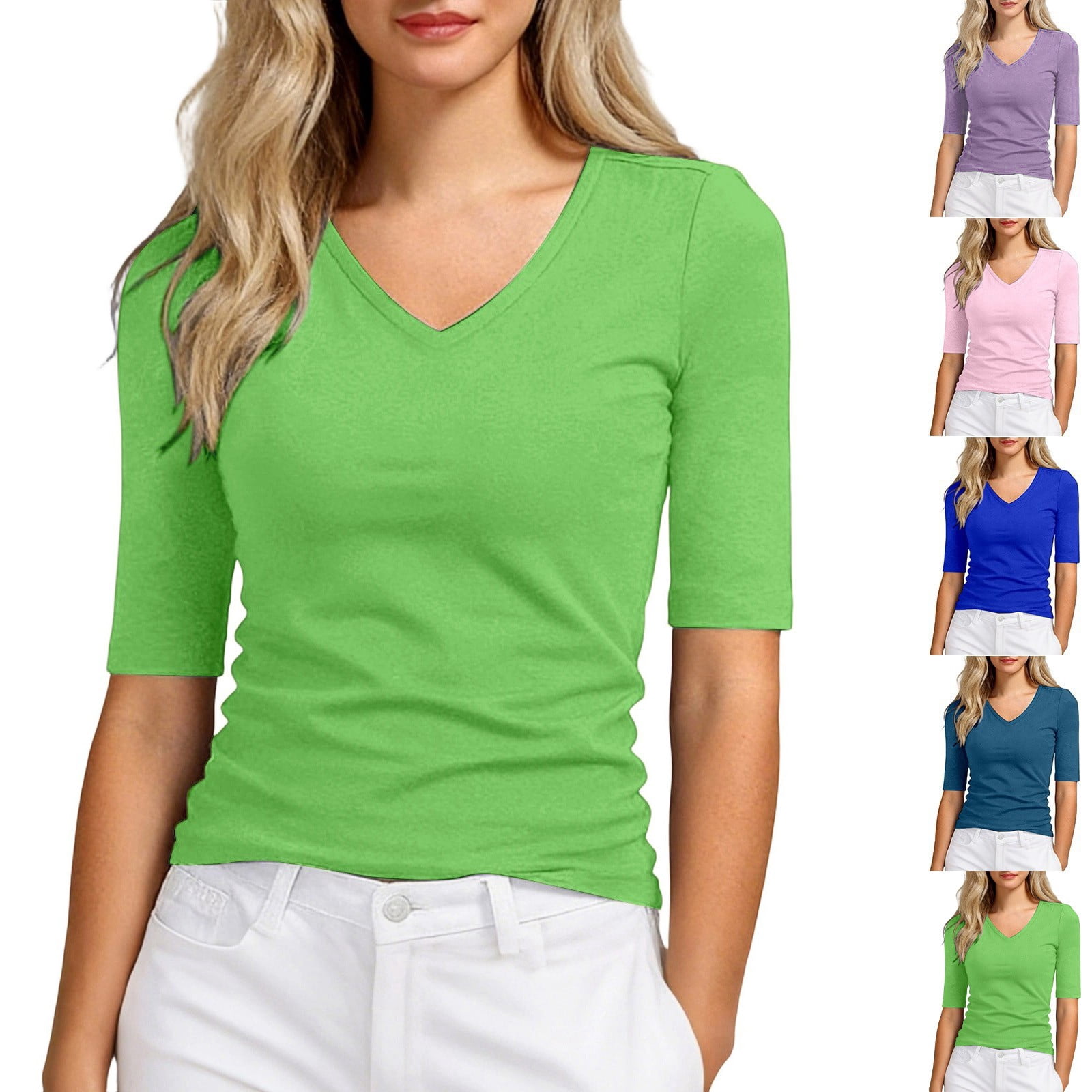 Aihuaihua Women's Half Sleeve Shirts V Neck Tops Elbow Length Fitting T ...