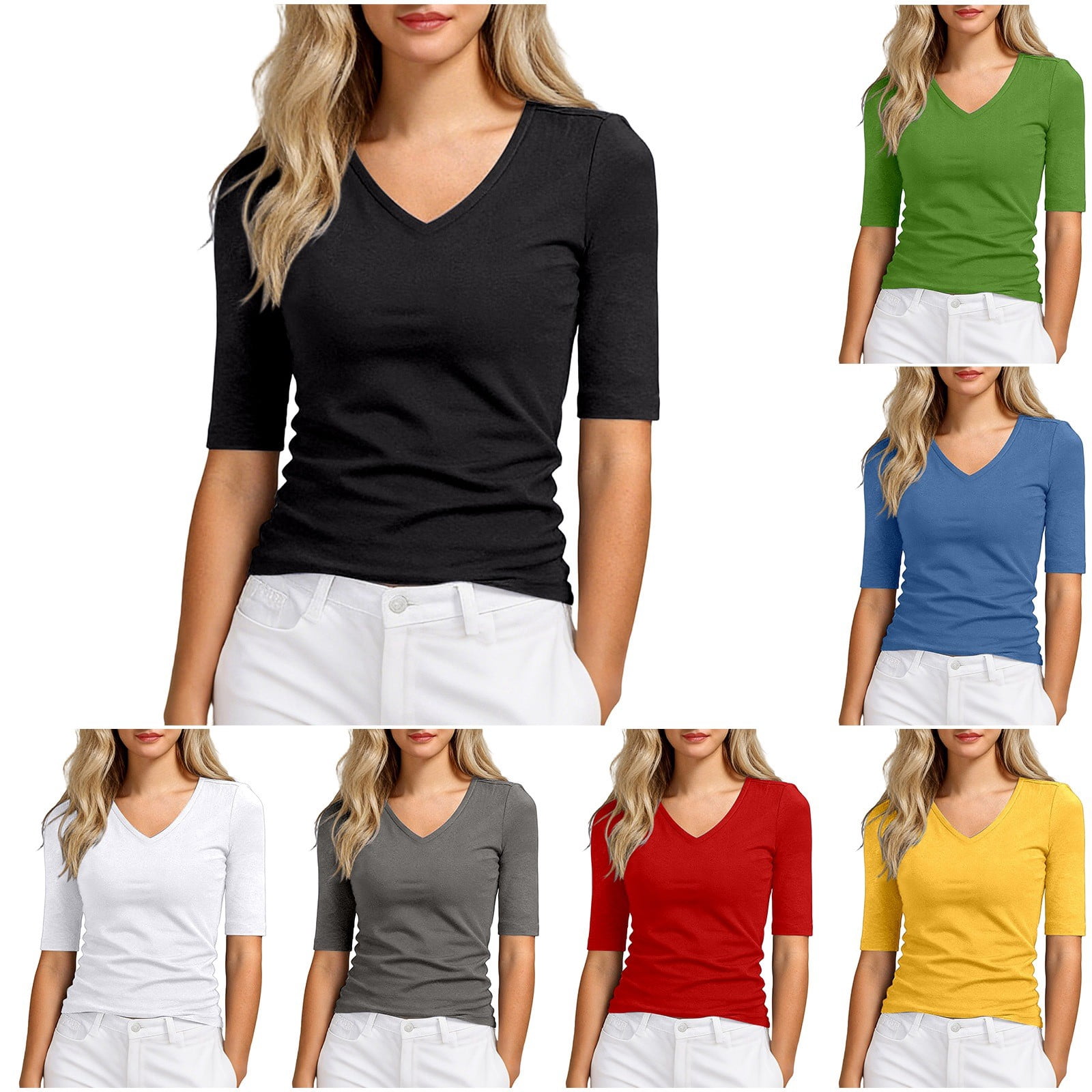 Aihuaihua Women's Half Sleeve Shirts V Neck Tops Elbow Length Fitting T ...