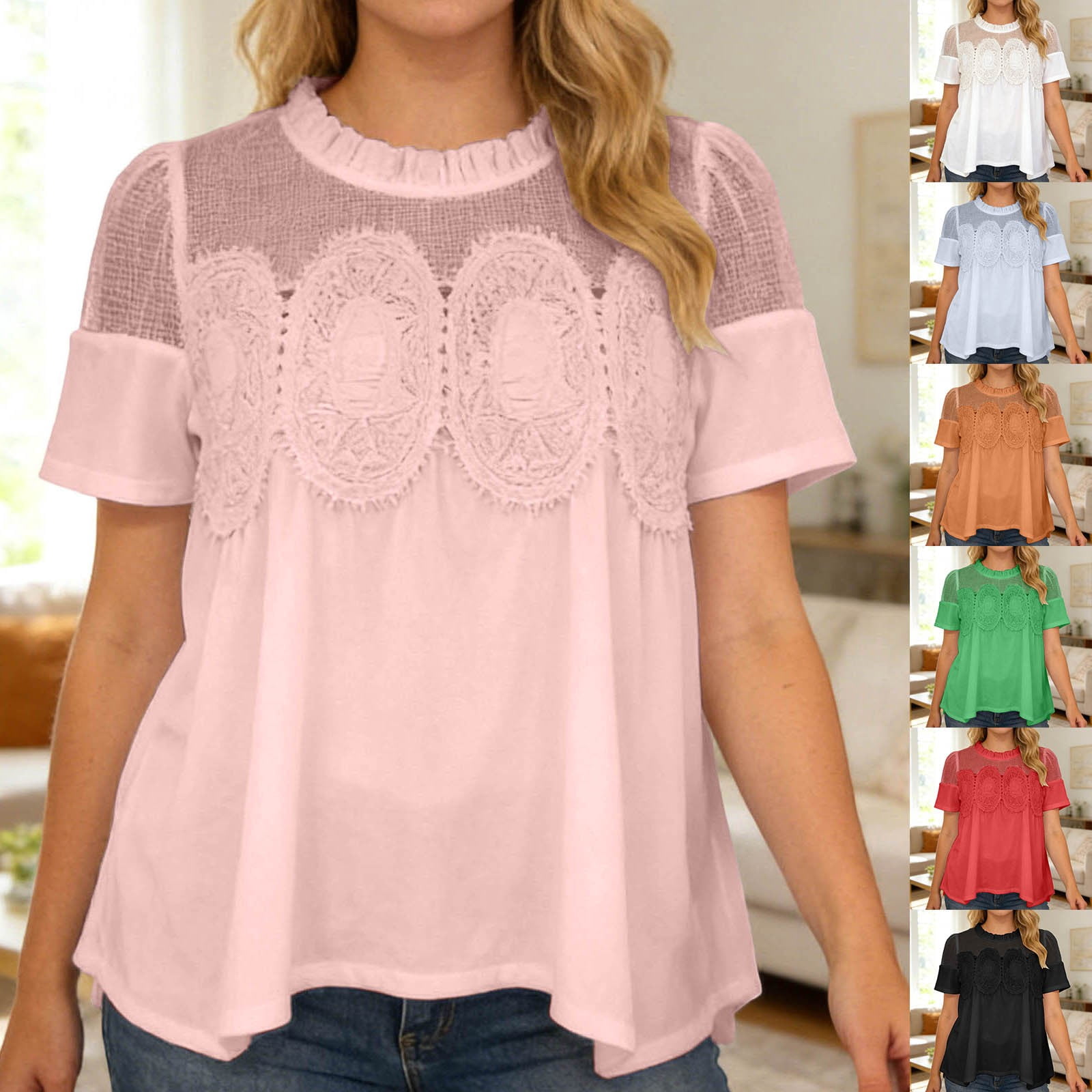 Aihuaihua Women's Lace Blouse Elegant Flared Swing Tops Crew Neck Short ...