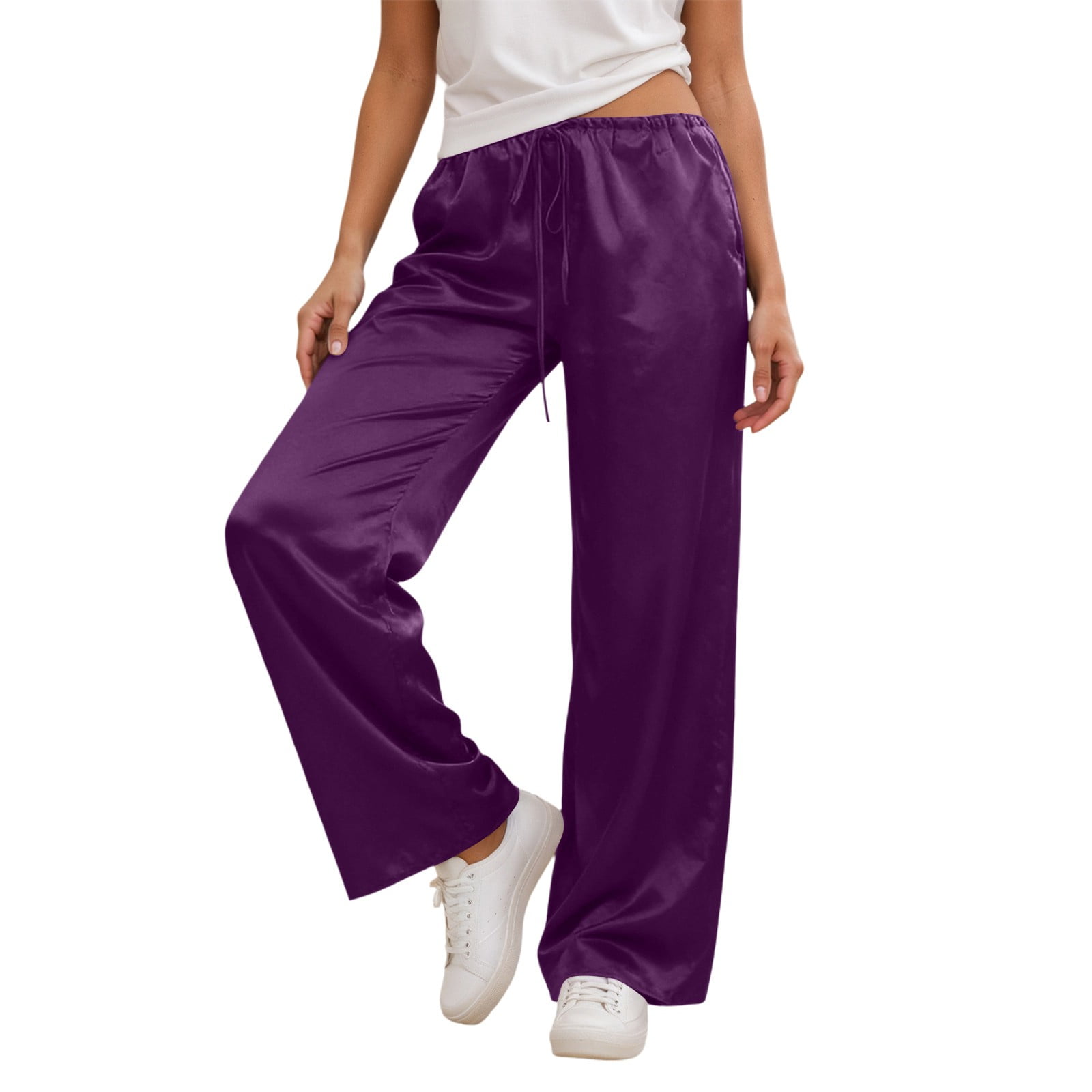 Aihuaihua Women's Satin Silk Wide Leg Pants Low Waist Baggy Pajama ...
