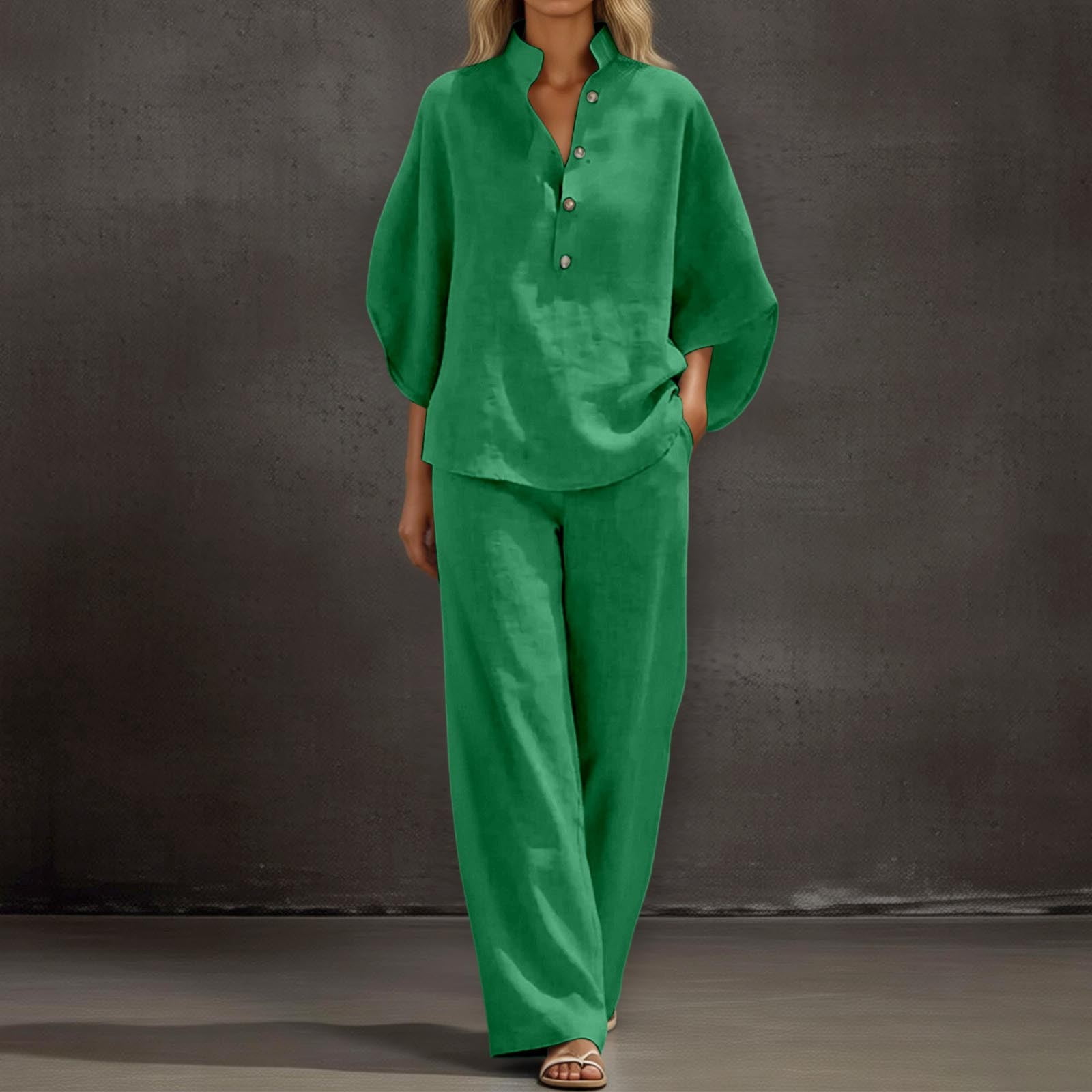 Aihuaihua Womens Cotton Linen 2 Piece Outfits Button Up Batwing Half ...