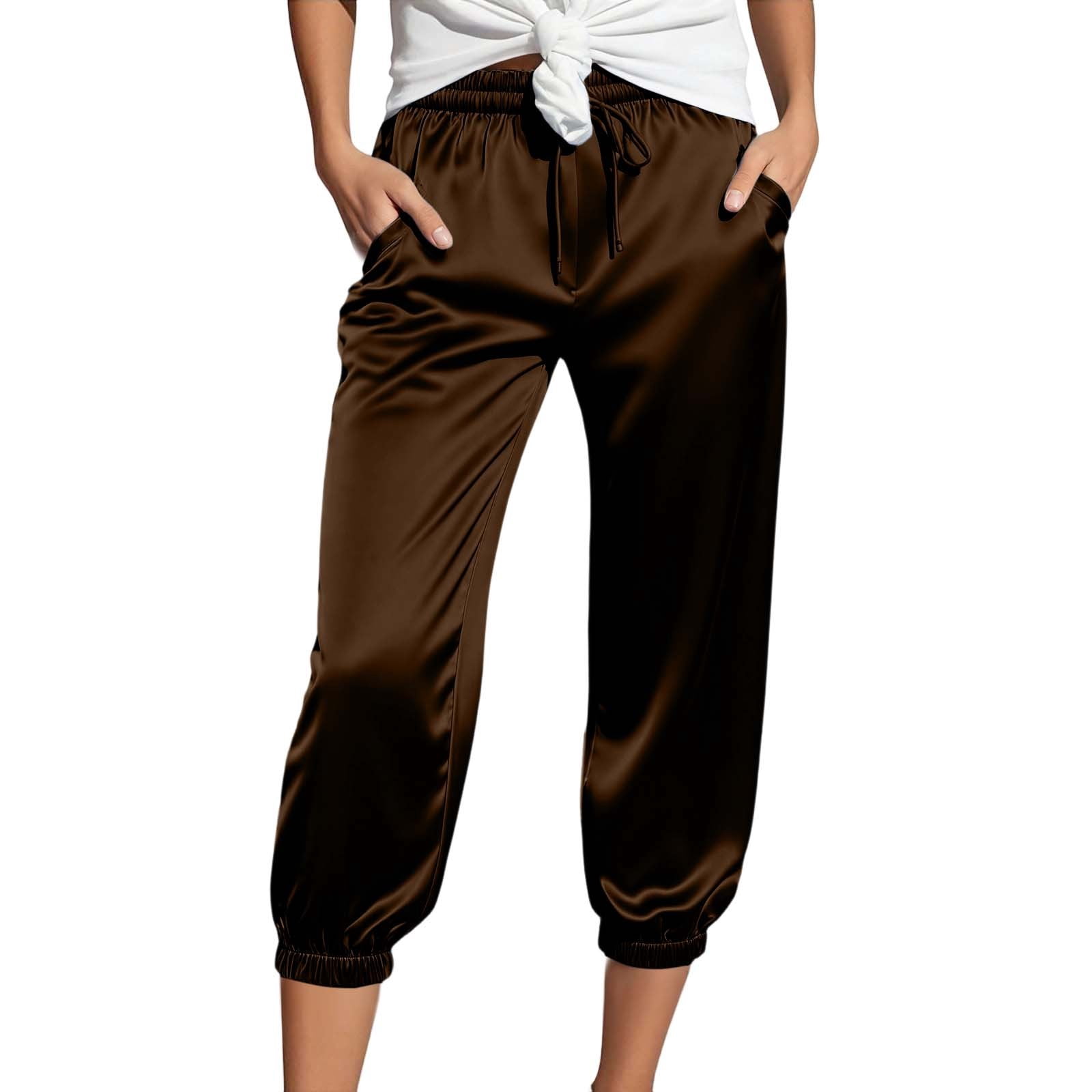 Aihuaihua Womens Satin Silky Capri Pants Summer Tapered High Waist ...