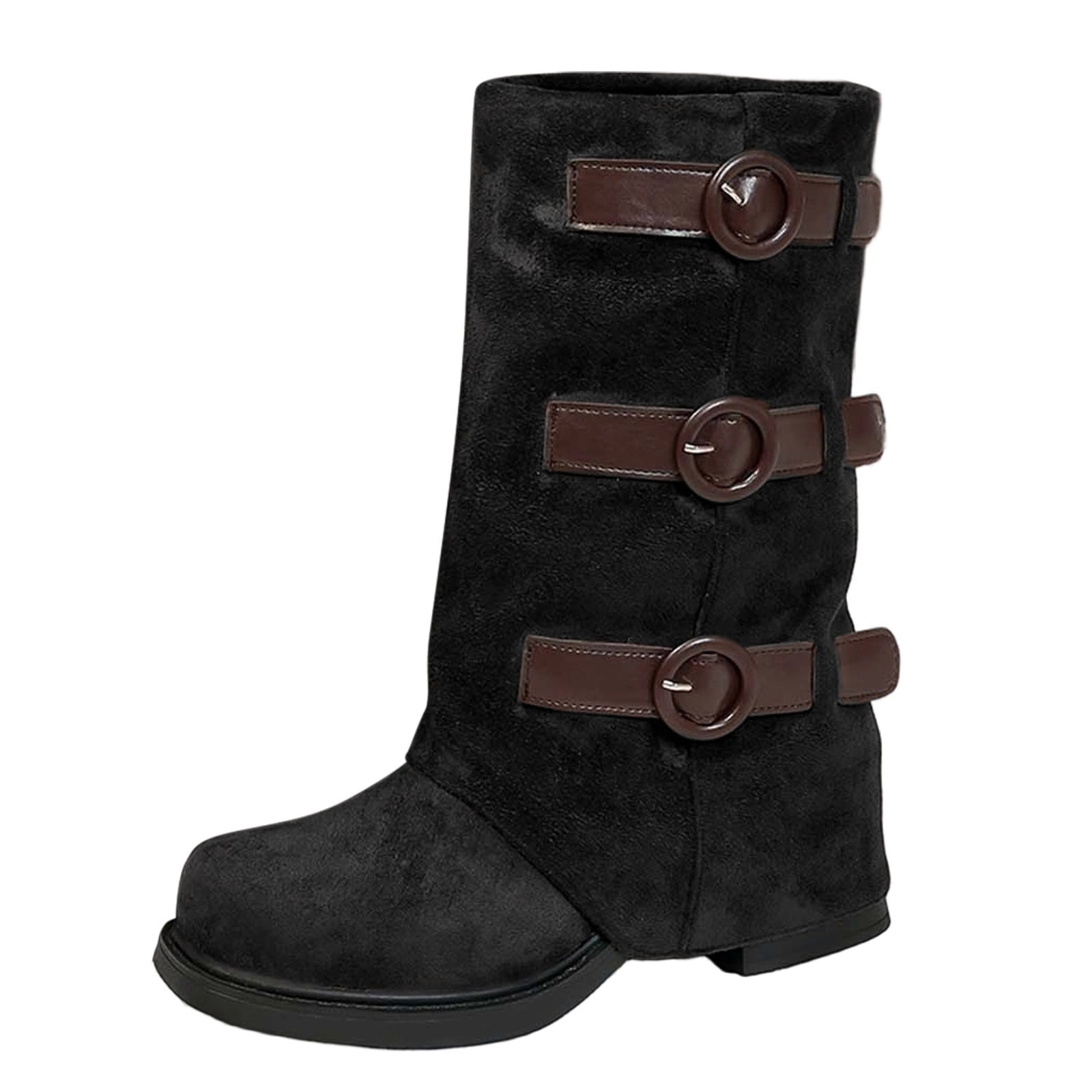 Aihuaihua Womens Seude Mid Calf Boots Round Toe Vintage Heels Combat ...