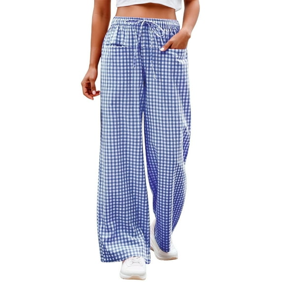 Aihuaihua Womens Striped Gingham Pants 2025 Pajama Drawstring Wide Leg ...