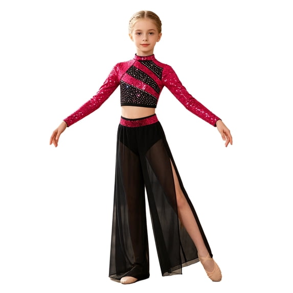 Aiihoo Girls Dance Outfit Long-Sleeved Sequins Cutout Back Crop Top ...