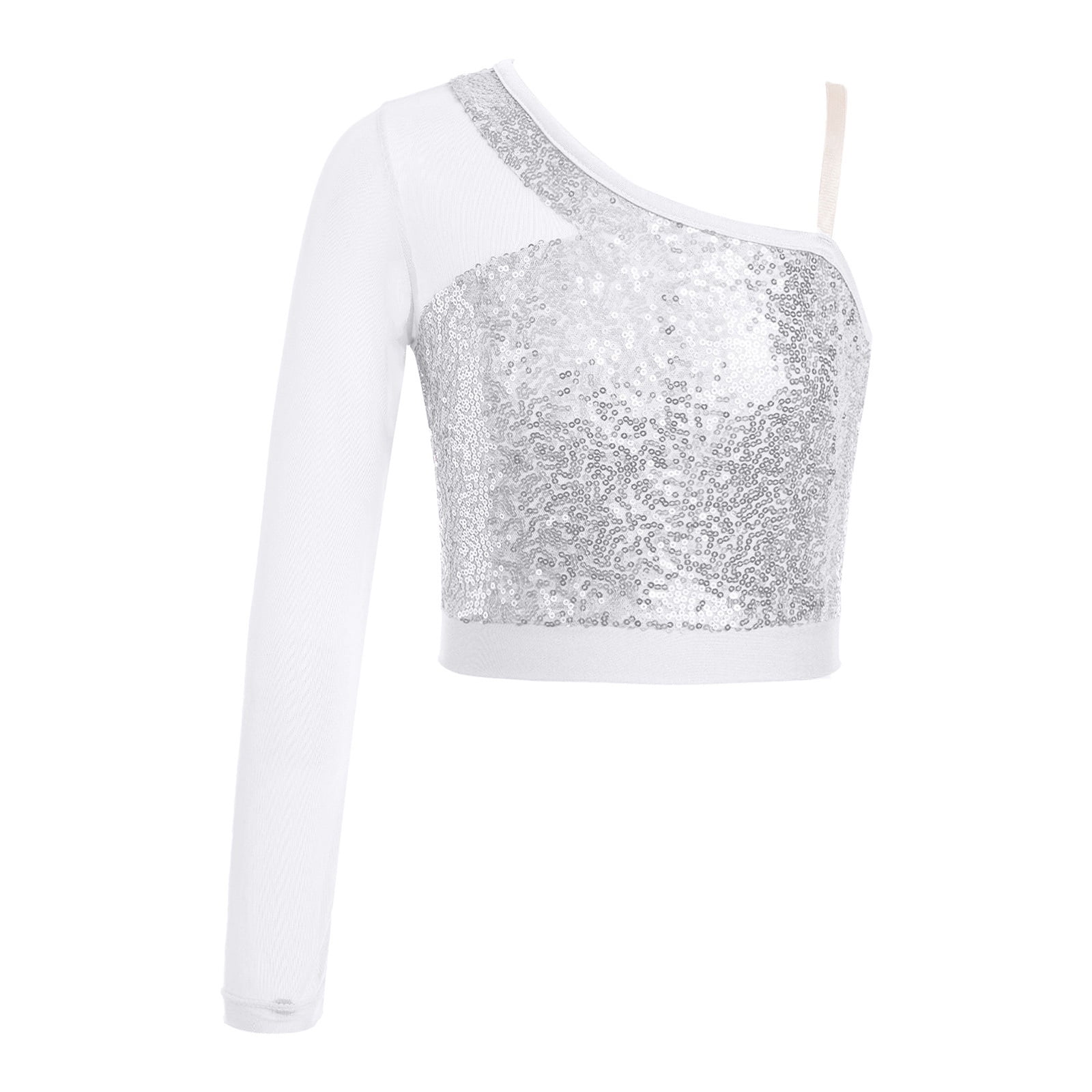 Aiihoo Girls Sequin Crop Top Mesh Long Sleeve T-shirt One Shoulder Crop ...