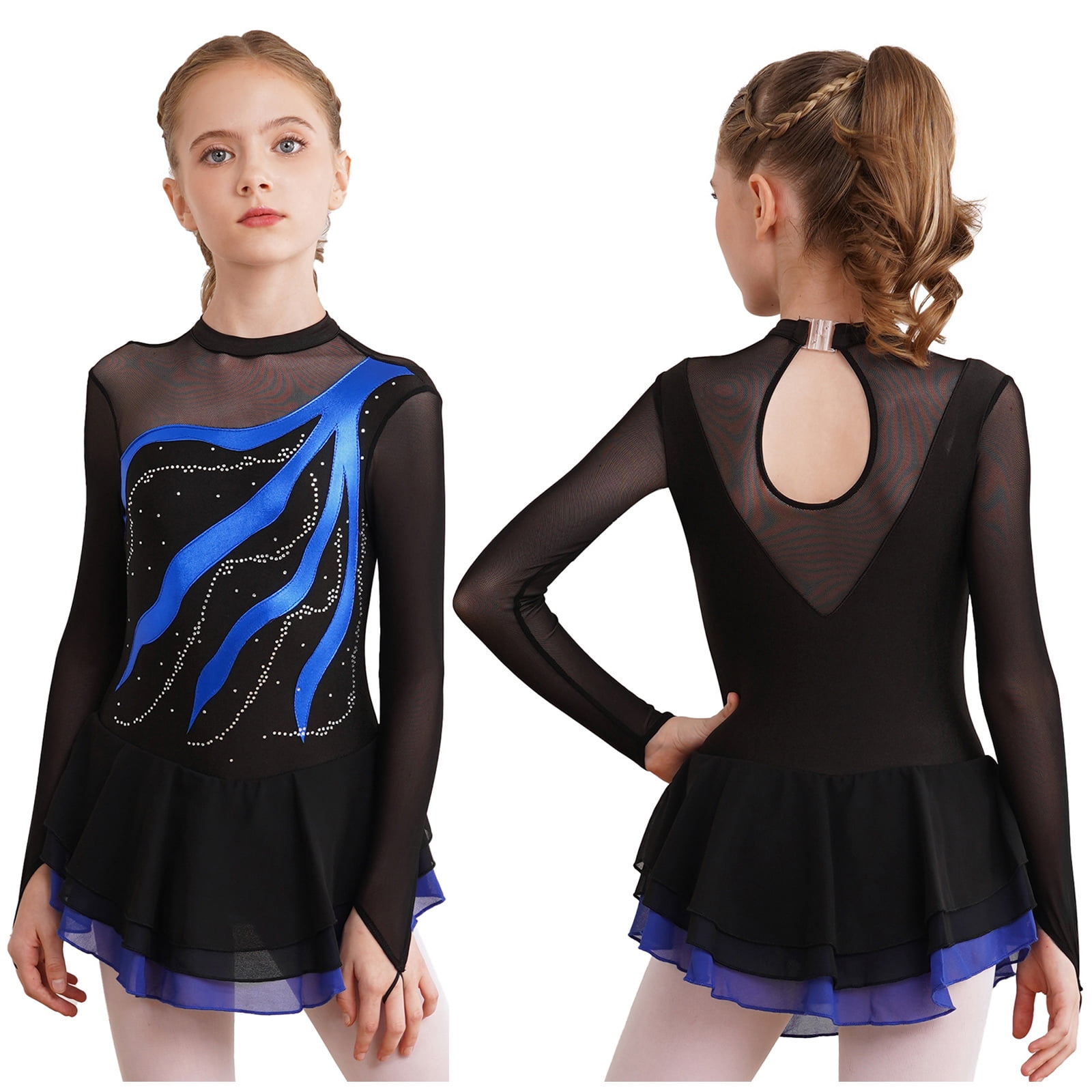 Aiihoo Girls Sparkly Figure Ice Skating Leotards Dress Long Sleeve ...