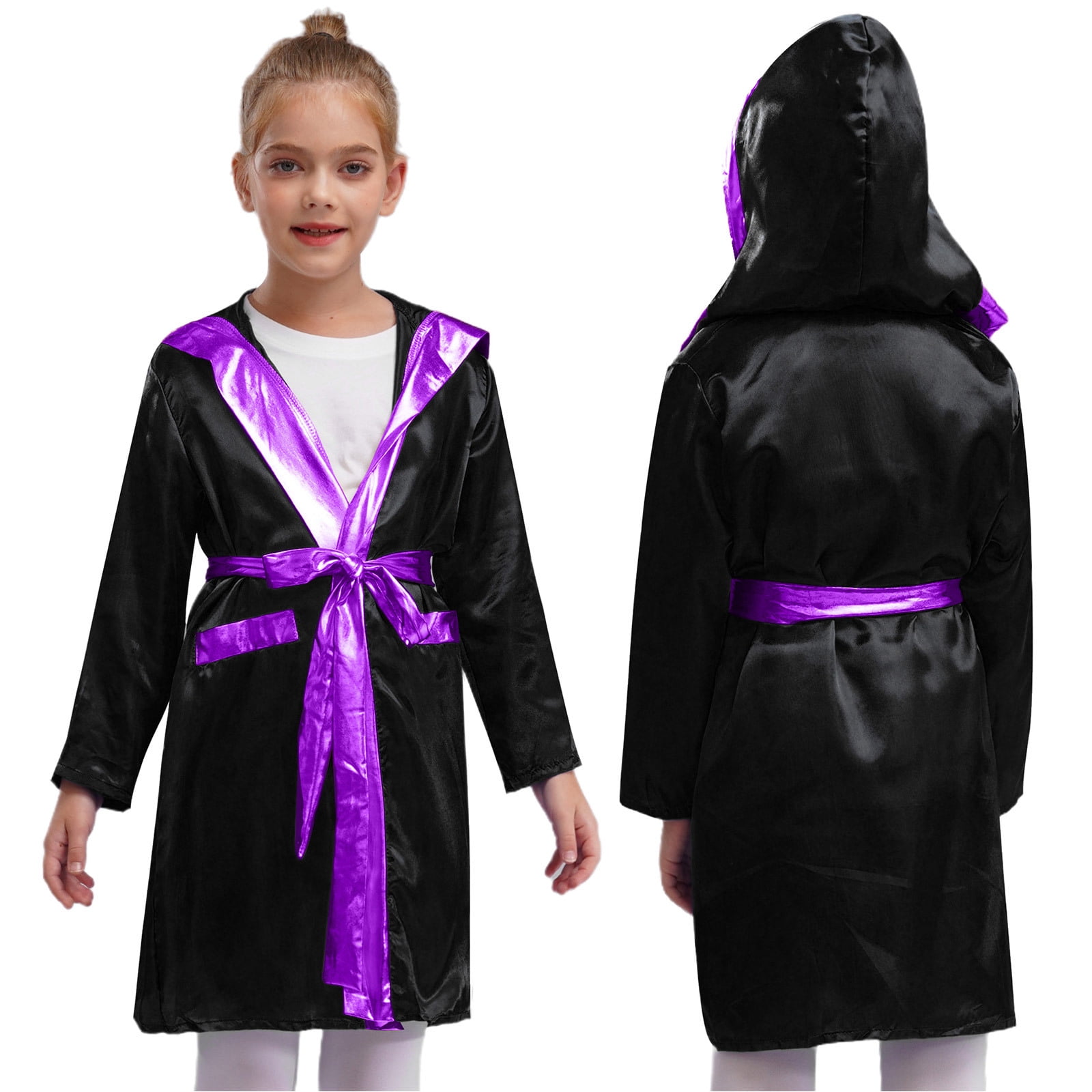 Aiihoo Kids Boys Girls Boxing Robe Satin Hooded Boxer Cloak Long Sleeve ...
