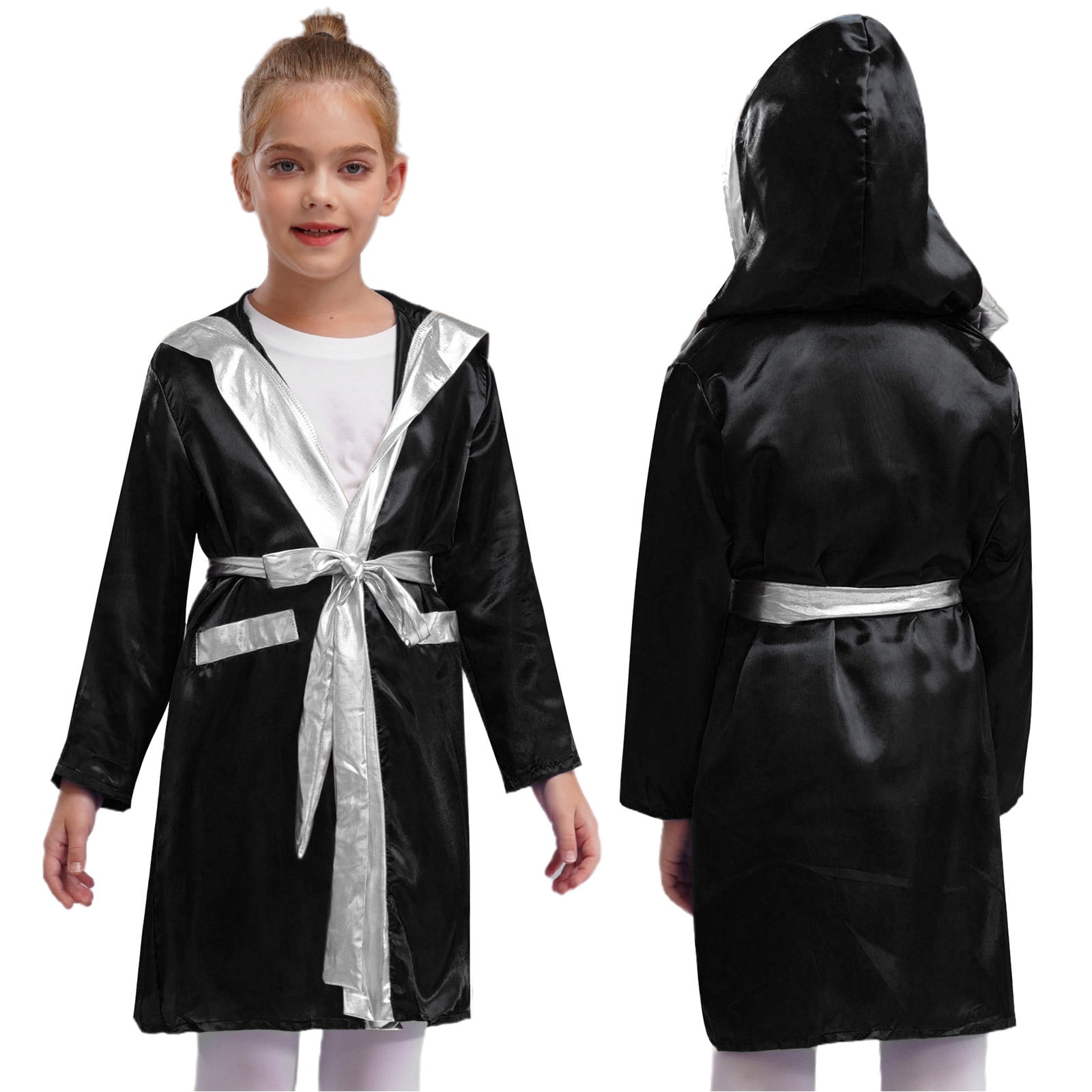 Aiihoo Kids Boys Girls Boxing Robe Satin Hooded Boxer Cloak Long Sleeve ...