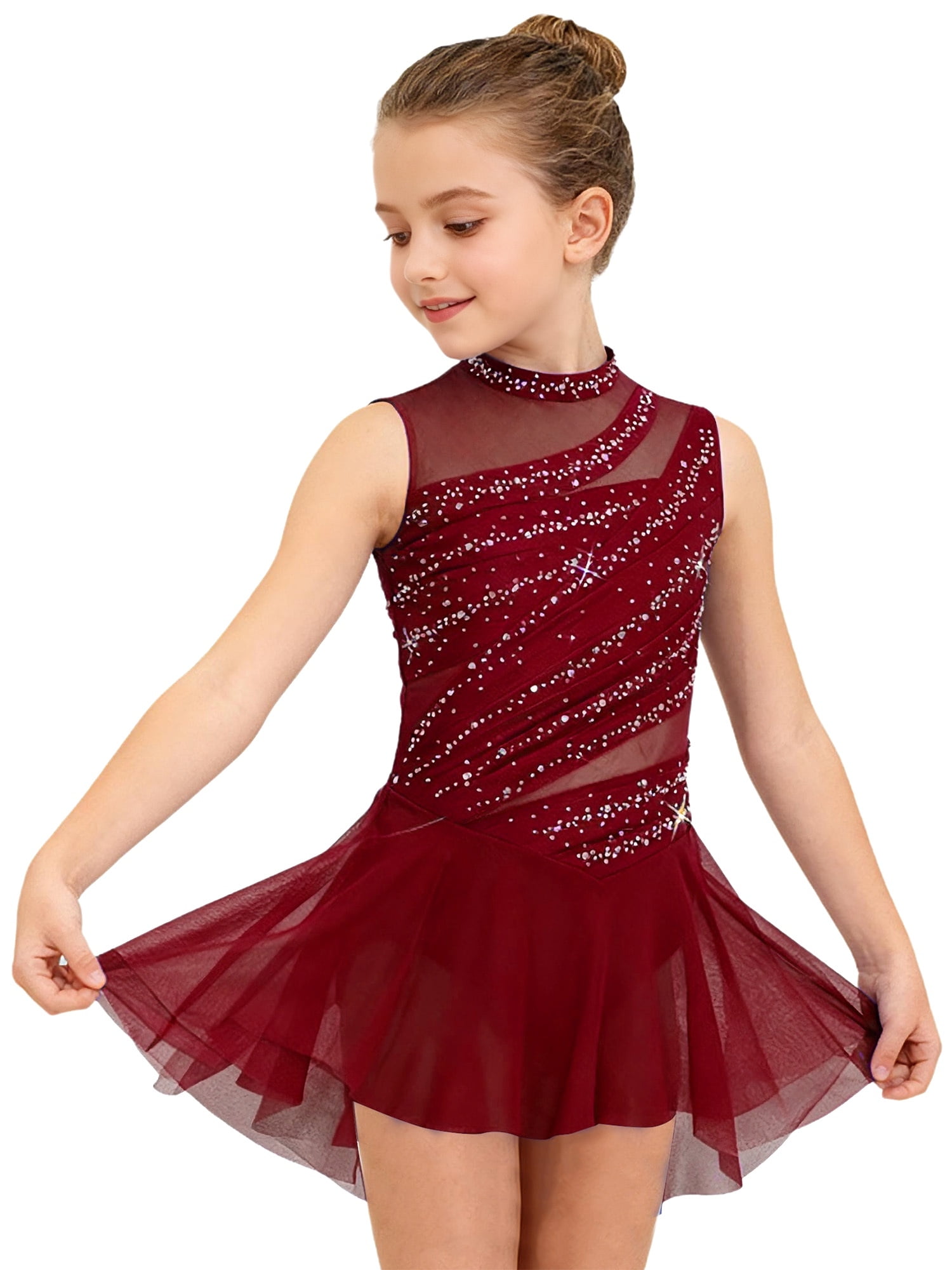 Aiihoo Kids Girls Figure Skating Dress Shiny Rhinestone Mesh Dance ...