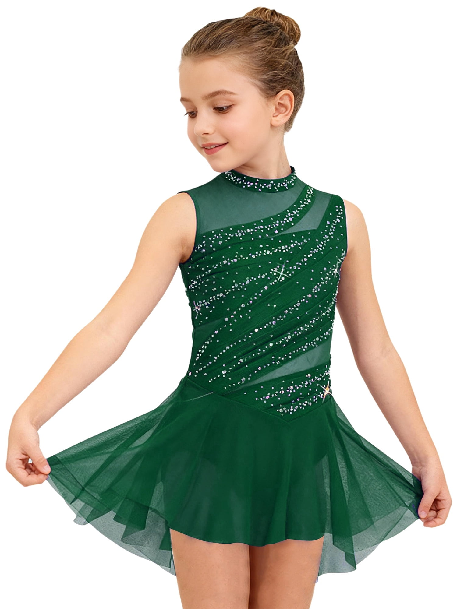 Aiihoo Kids Girls Figure Skating Dress Shiny Rhinestone Mesh Dance ...