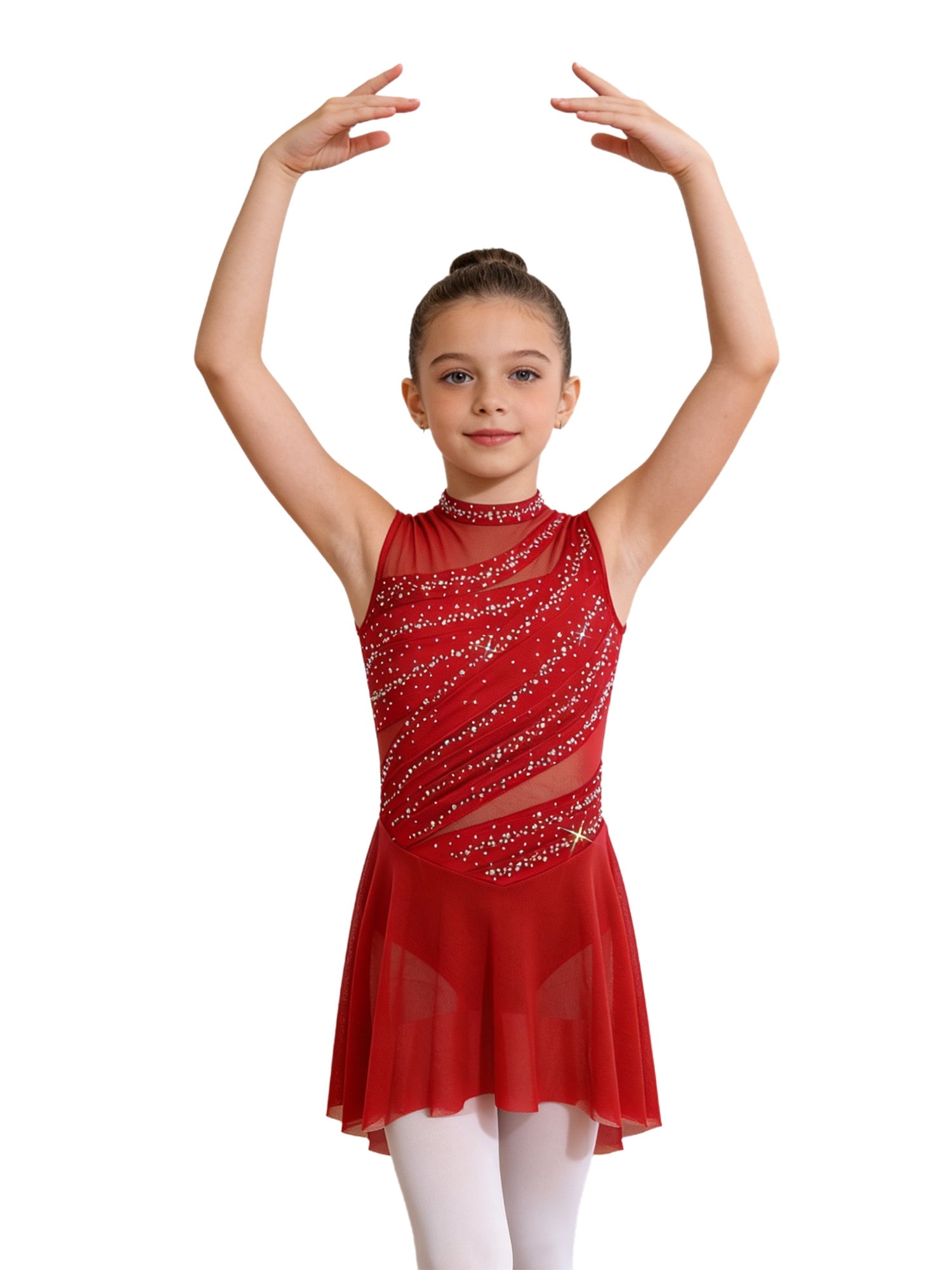 Aiihoo Kids Girls Figure Skating Dress Shiny Rhinestone Mesh Dance ...