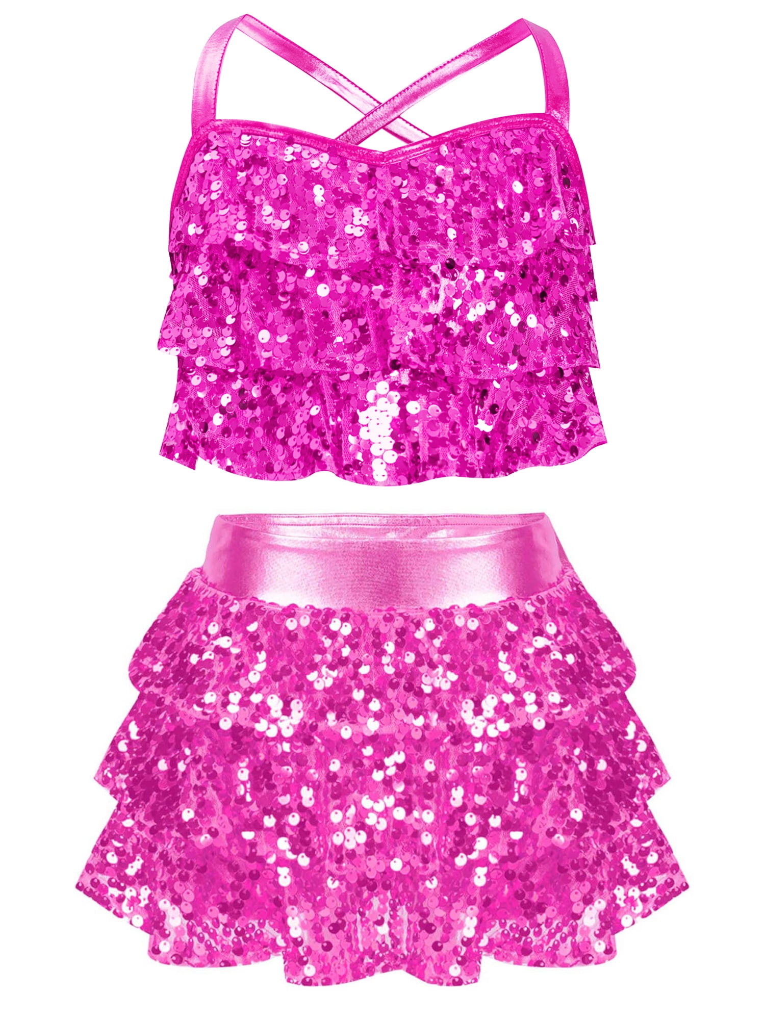 Aiihoo Kids Girls Jazz Dance Outfit Glittery Sequins Tiered Ruffles ...