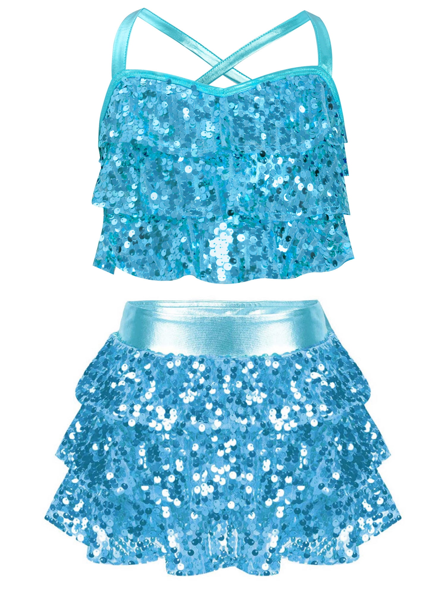 Aiihoo Kids Girls Jazz Dance Outfit Glittery Sequins Tiered Ruffles ...