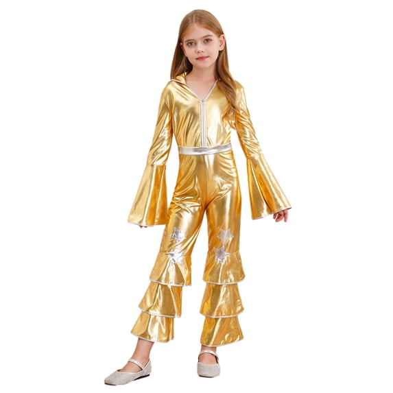 Aiihoo Kids Girls Retro Disco Dance Jumpsuit Hippie Outfits Shiny ...