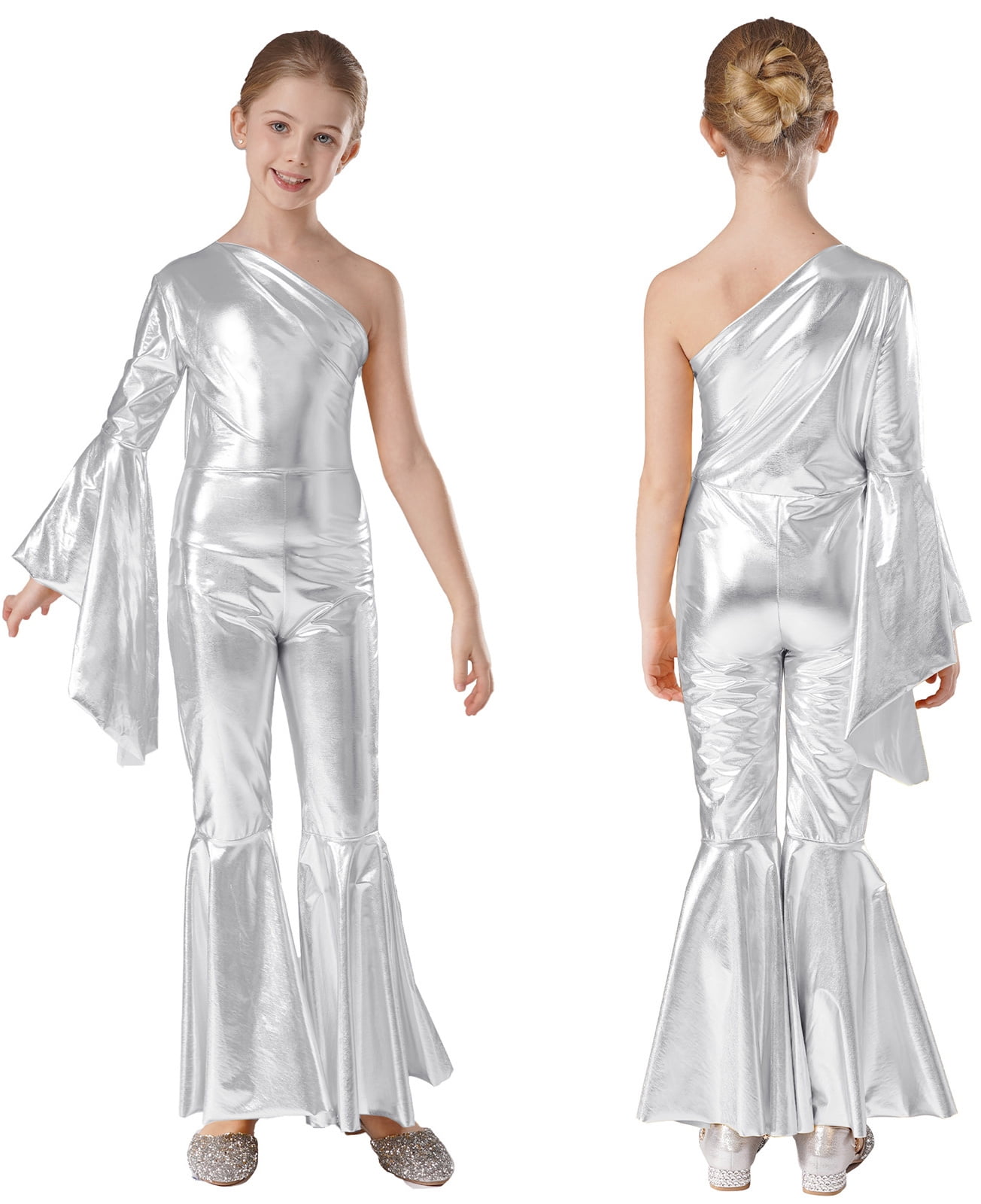 Aiihoo Kids Girls Shiny Metallic One Shoulder Flare Sleeve Dance ...