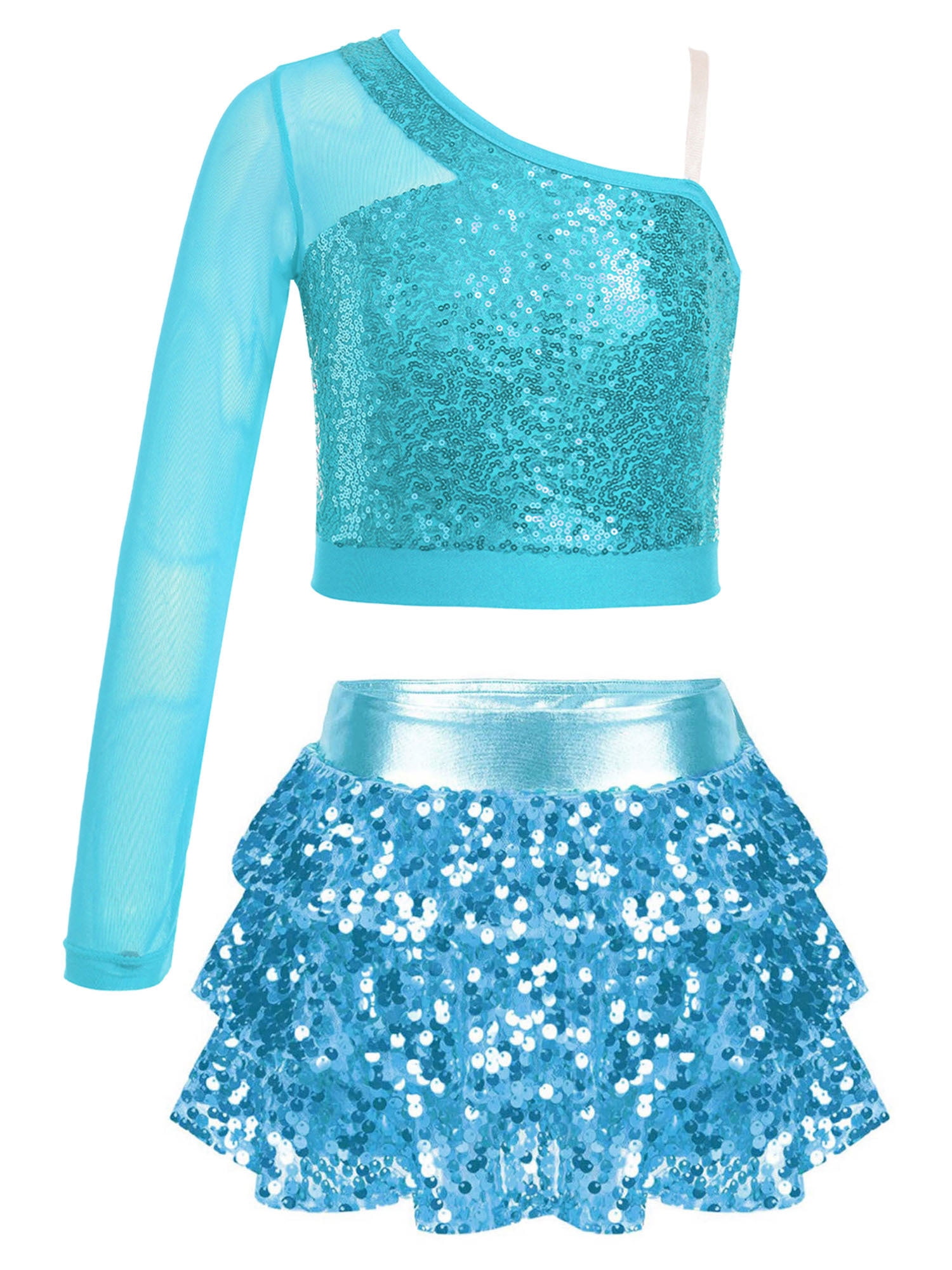 Aiihoo Kids Girls Sparkly 2 Piece Jazz Latin Dance Outfit Sequin One ...