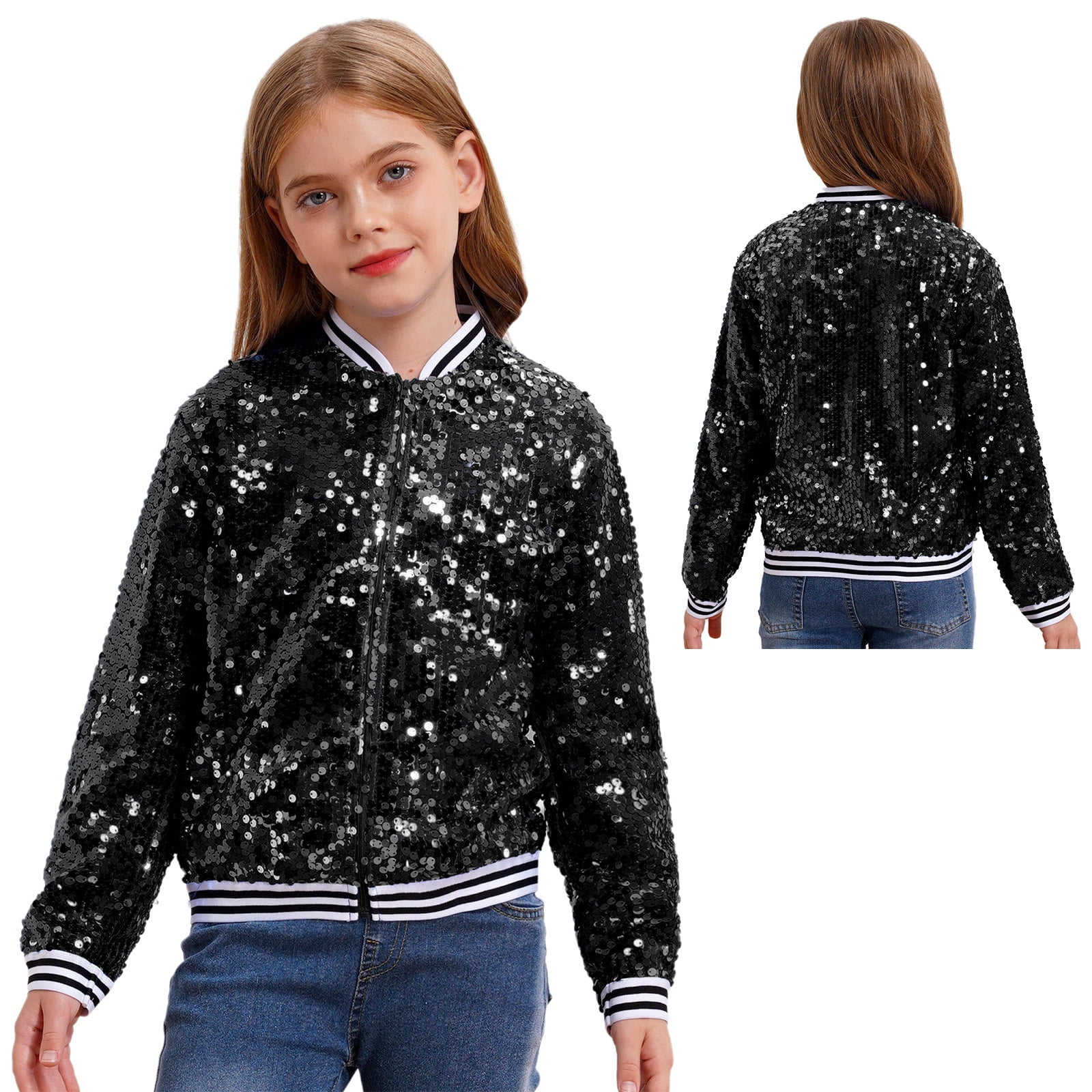 Aiihoo Kids Sparkly Sequin Bomber Flight Jacket Baseball Jackets Hip ...