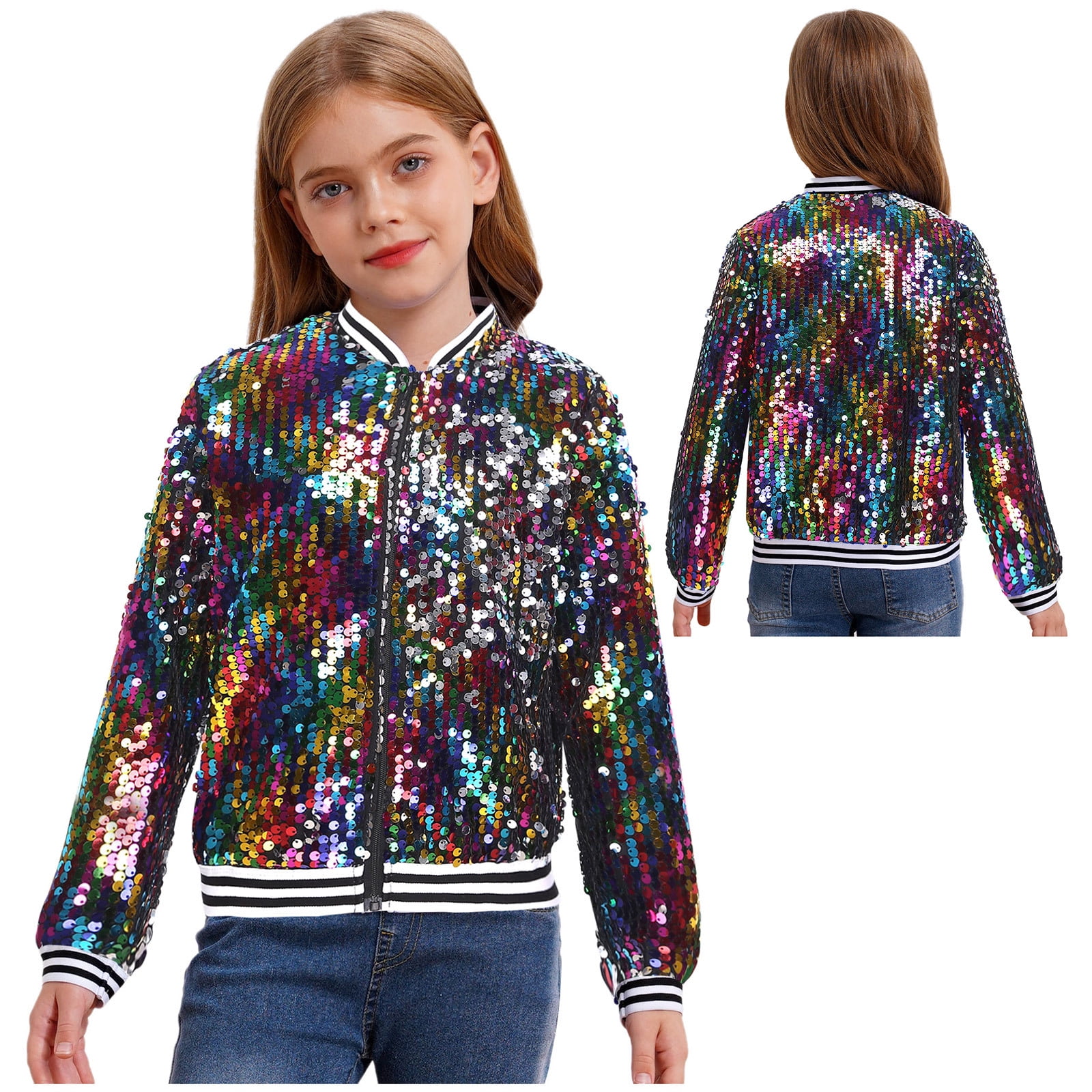 Aiihoo Kids Sparkly Sequin Bomber Flight Jacket Baseball Jackets Hip-hop Modern Dance Coat Tops ...
