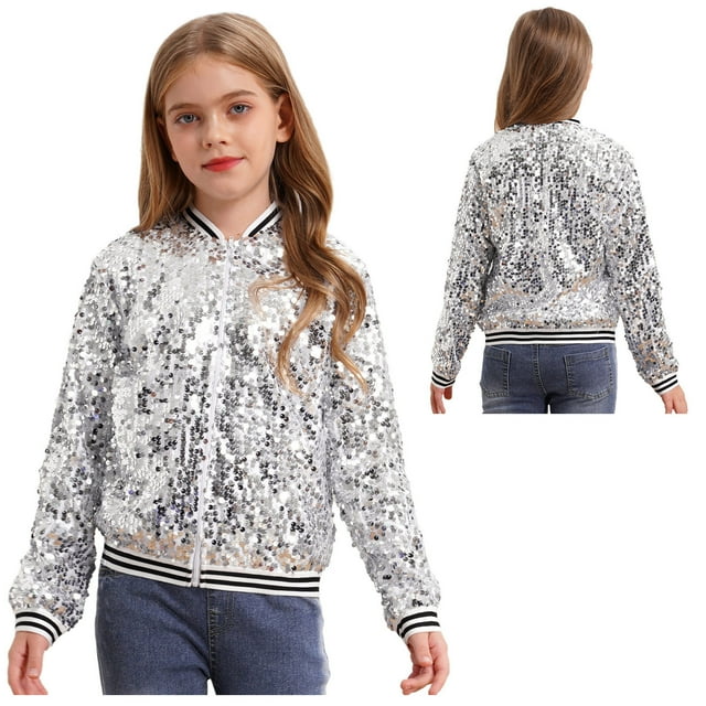 Aiihoo Kids Sparkly Sequin Bomber Flight Jacket Baseball Jackets Hip-hop Modern Dance Coat Tops ...